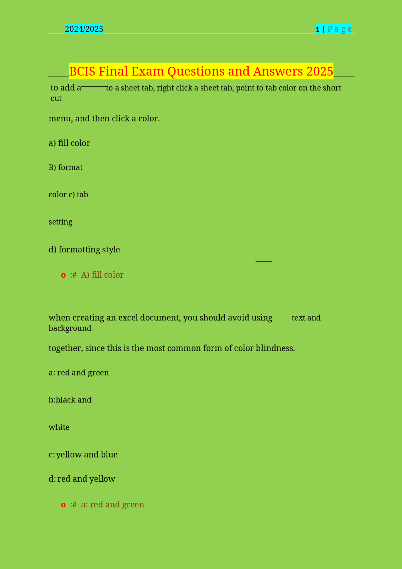 BCIS Final Exam Questions and Answers 2025: Microsoft Excel | Exams Nursing | Docsity