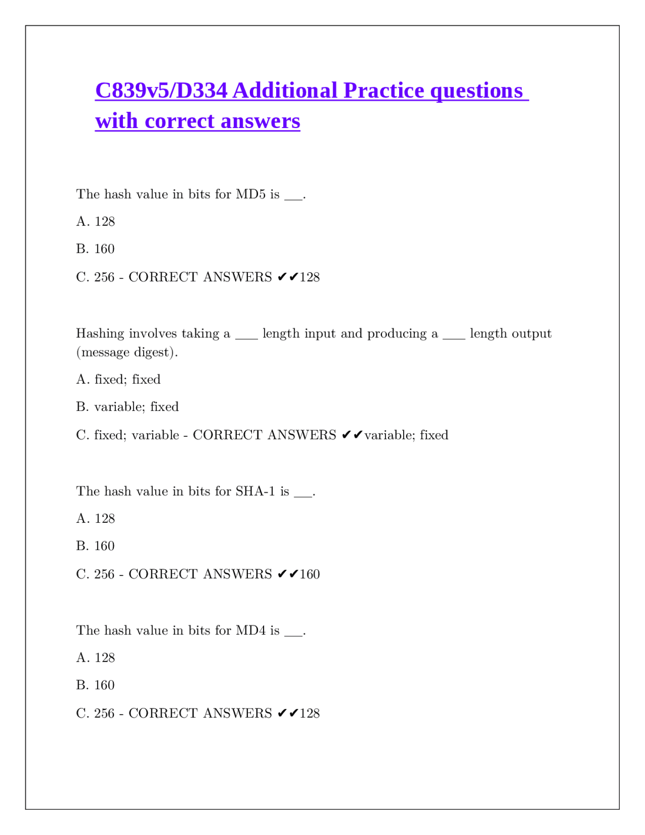 Cryptography Practice Questions with Answers | Exams Data Acquisition | Docsity