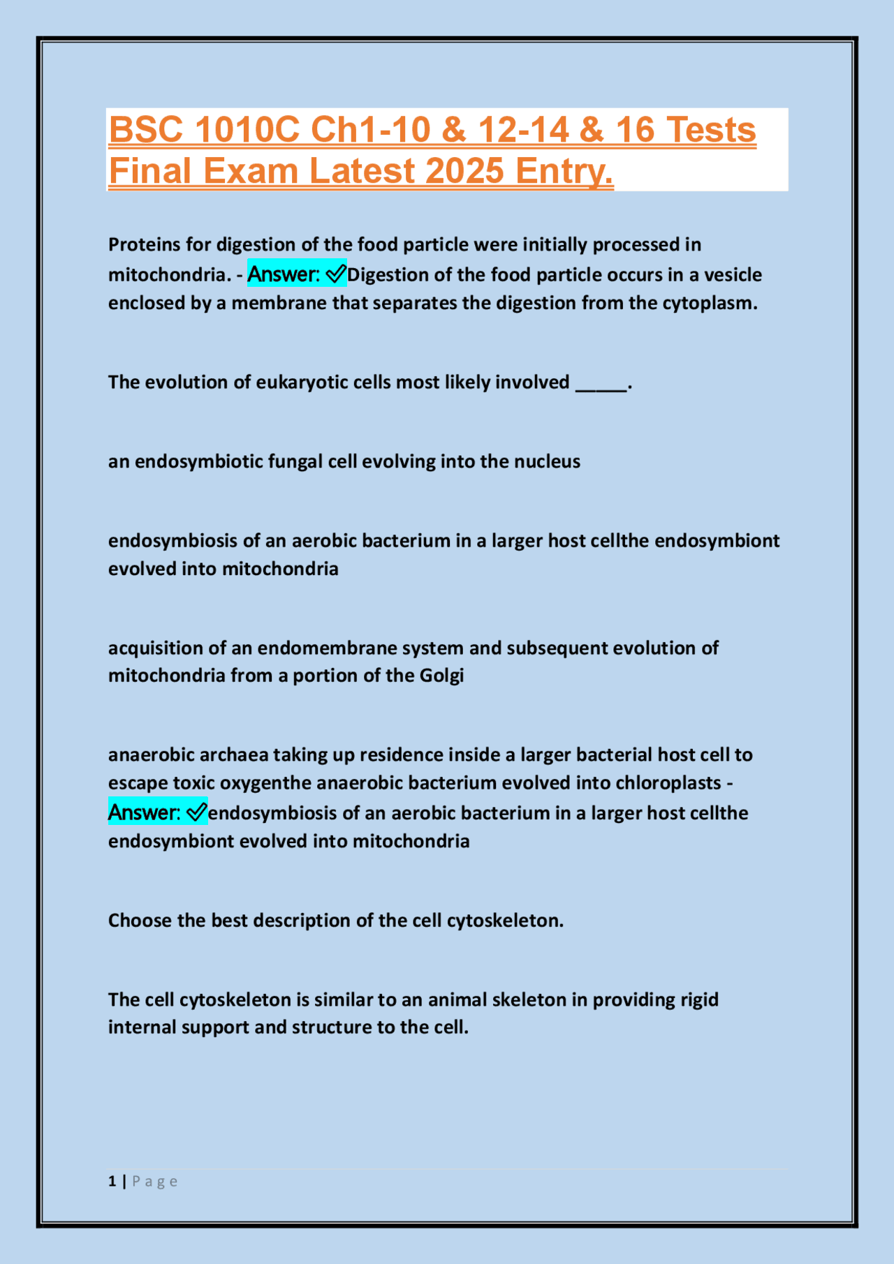 BSC 1010C: Cell Biology and Genetics - Final Exam Review Questions and ...