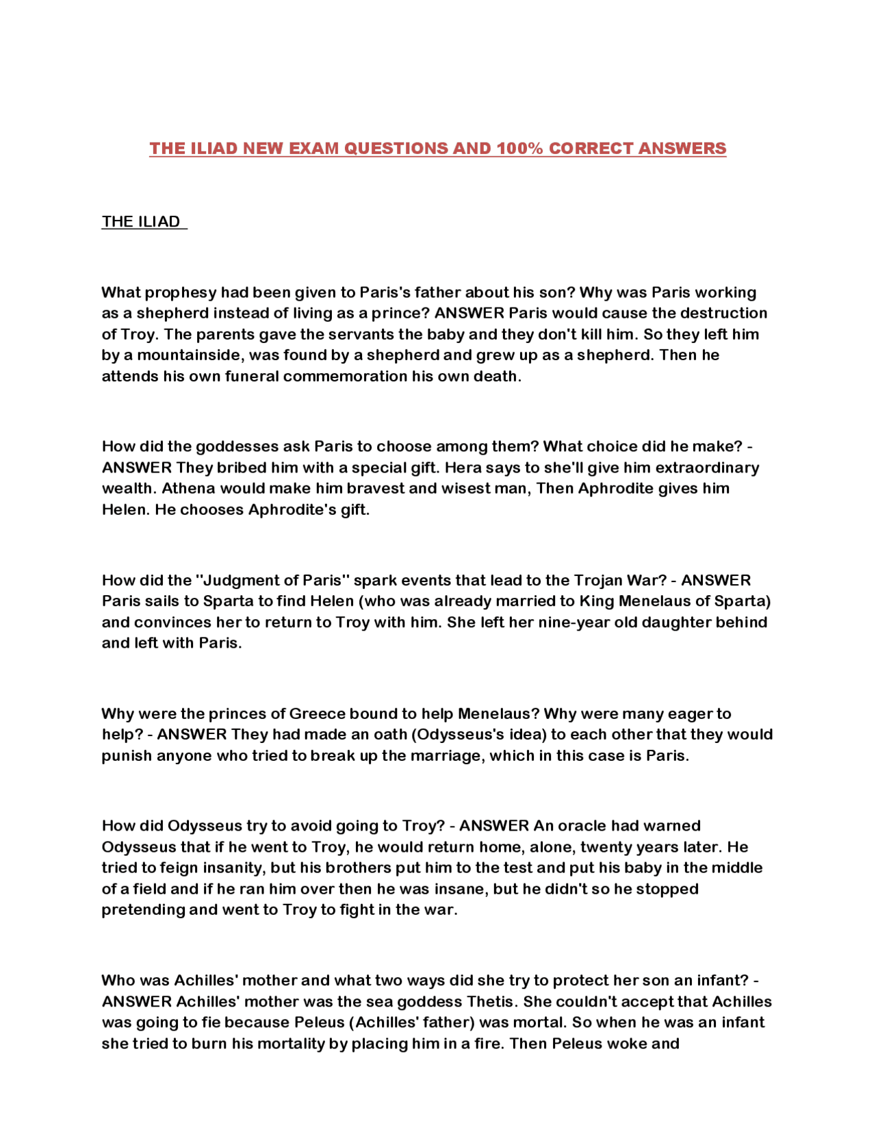 The Iliad: Exam Questions and Answers | Exams Advanced Education | Docsity