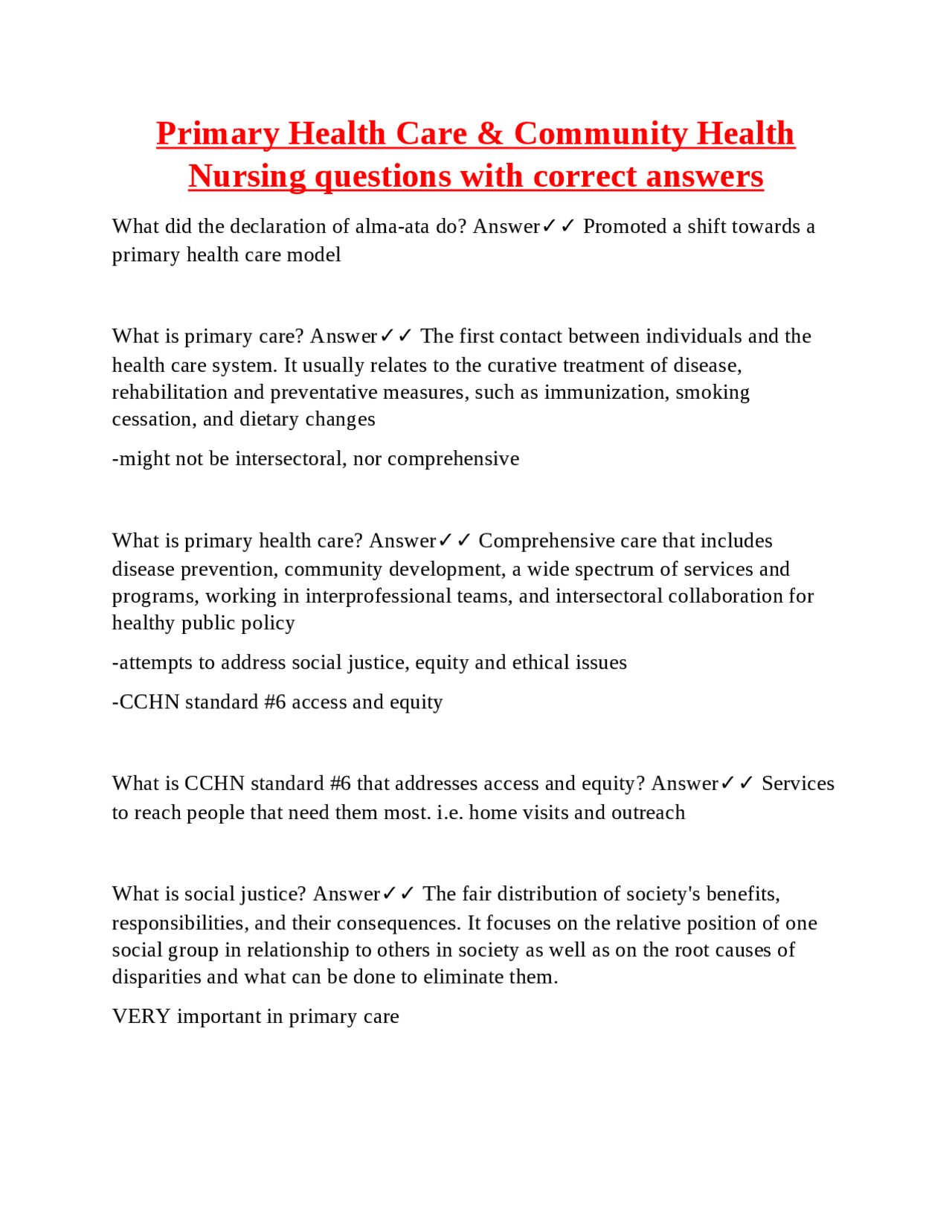 Primary Health Care & Community Health Nursing questions with correct ...