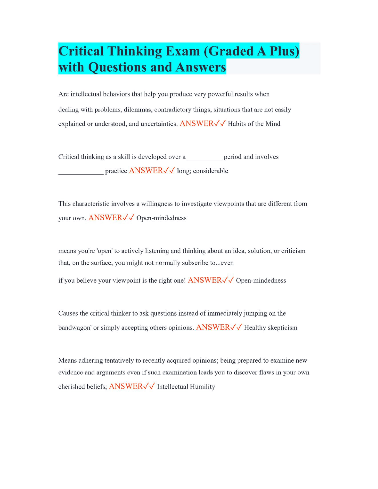 Critical Thinking Exam (Graded A Plus) with Questions and Answers ...