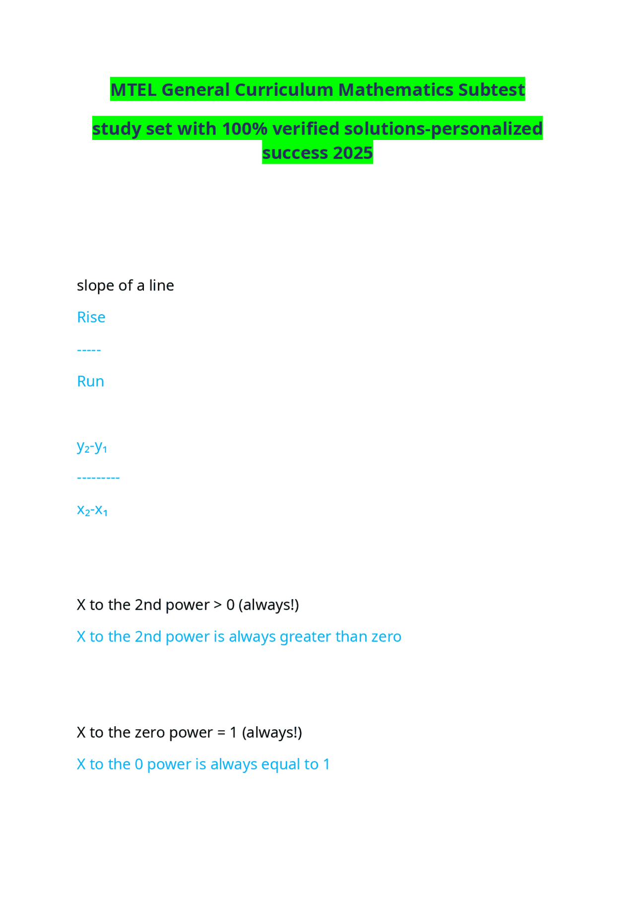 MTEL General Curriculum Mathematics Subtest study set with 100% ...