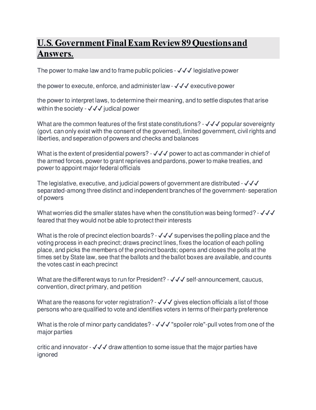 U.S. Government Final Exam Review 89 Questions and Answers. | Exams ...