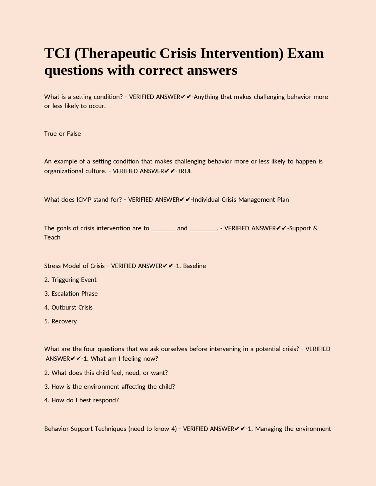 TCI (Therapeutic Crisis Intervention) Exam questions with correct ...