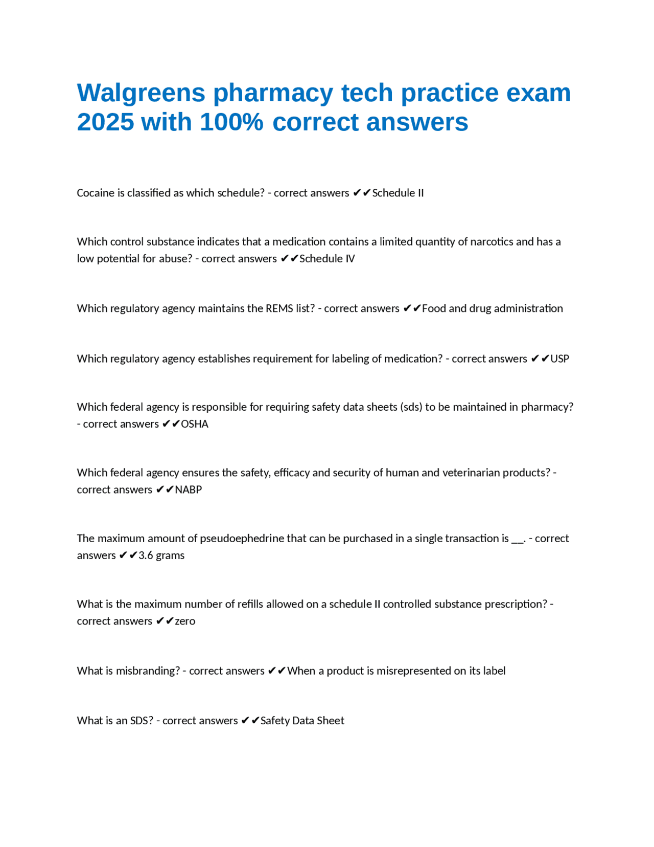 Walgreens pharmacy tech practice exam 2025 | Exams Pharmacy | Docsity