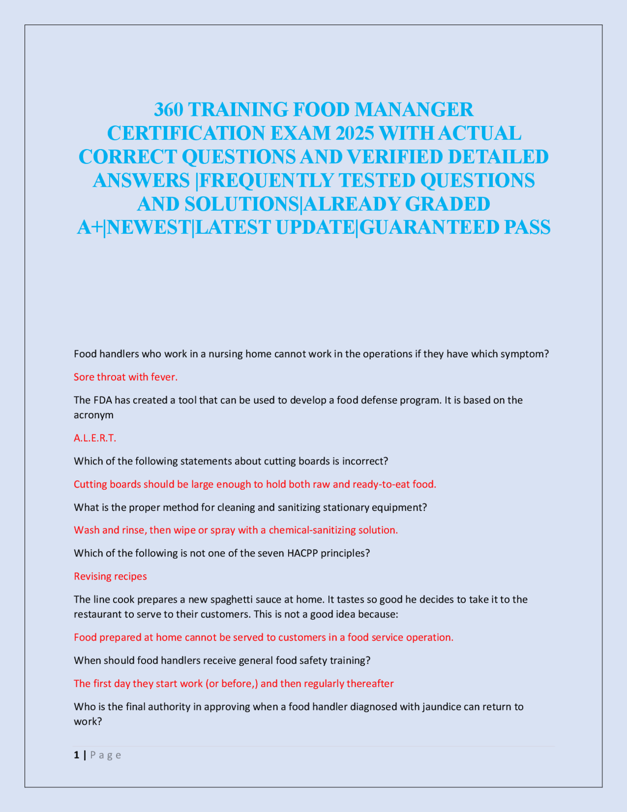 360 TRAINING FOOD MANANGER CERTIFICATION EXAM 2025 | Exams Food science ...