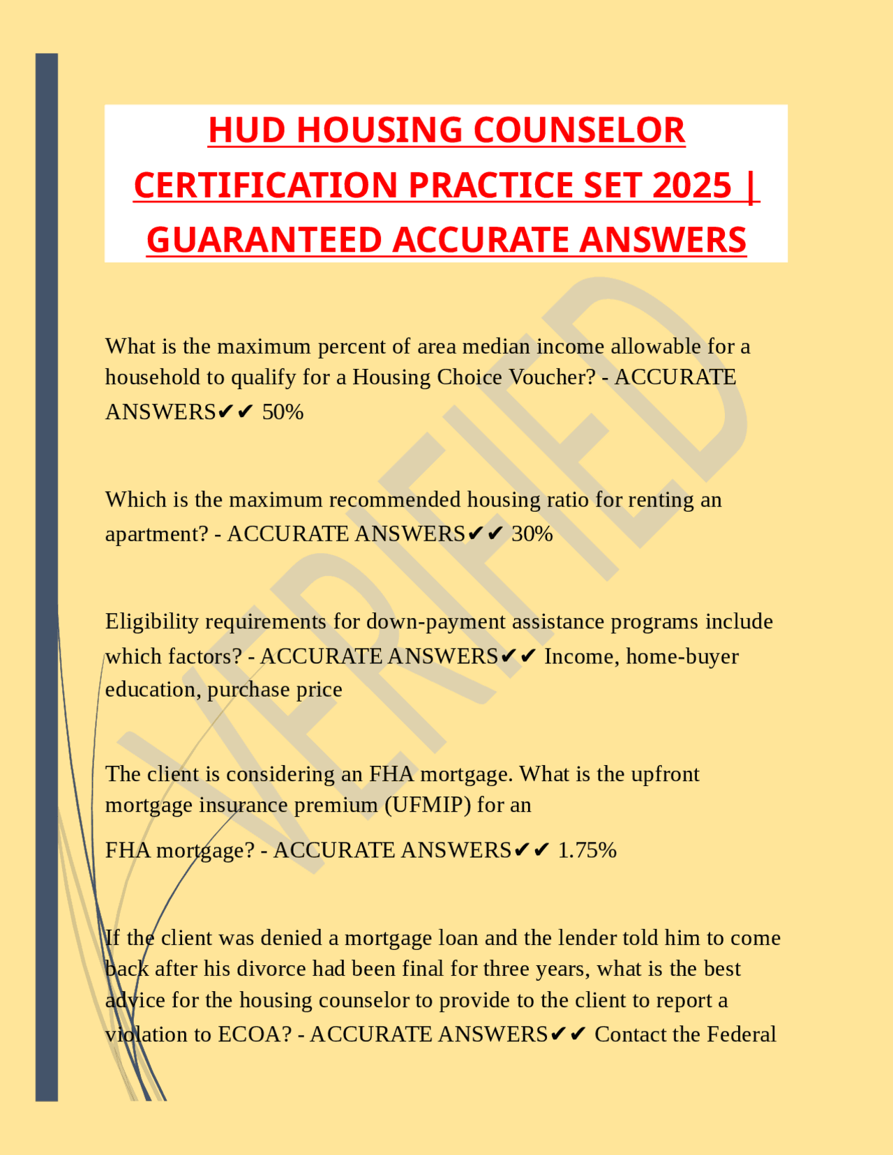 HUD Housing Counselor Certification Practice Set 2025 | Exams Nursing ...