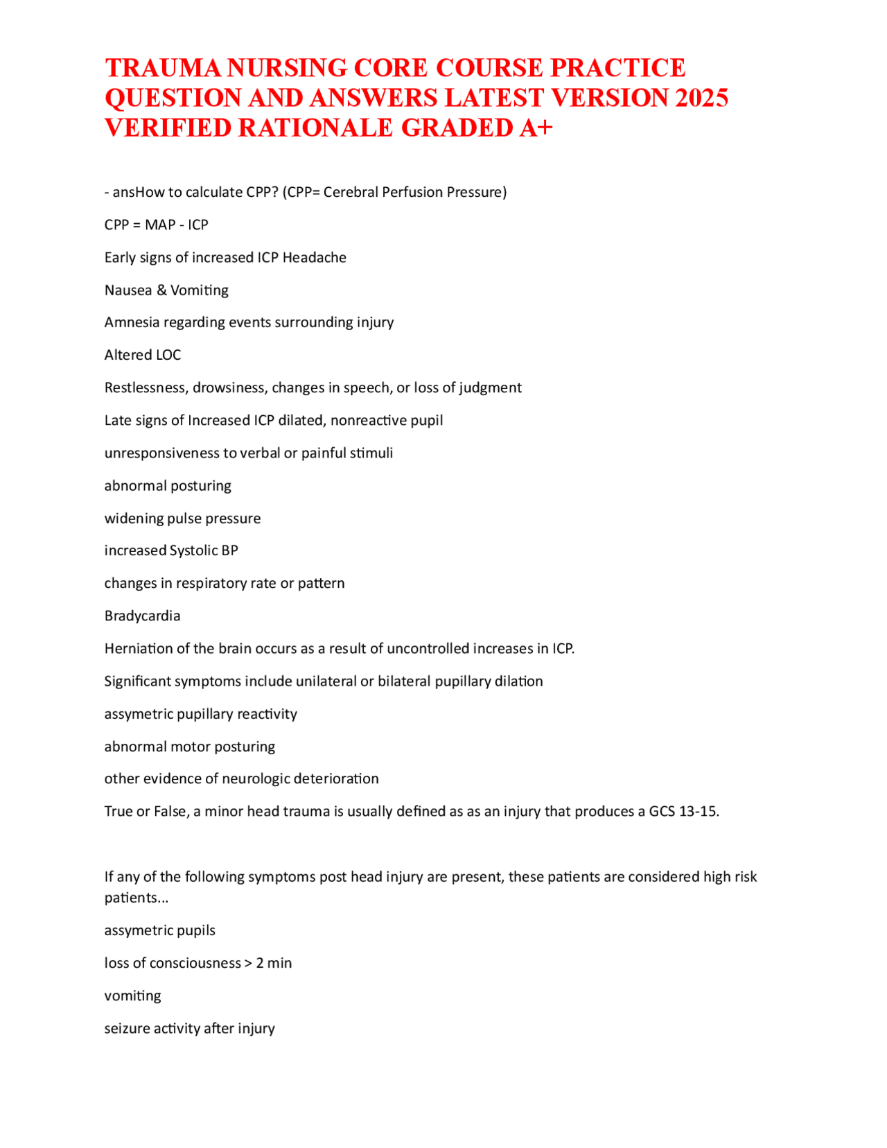 Trauma Nursing Core Course Practice: Questions and Answers | Exams ...