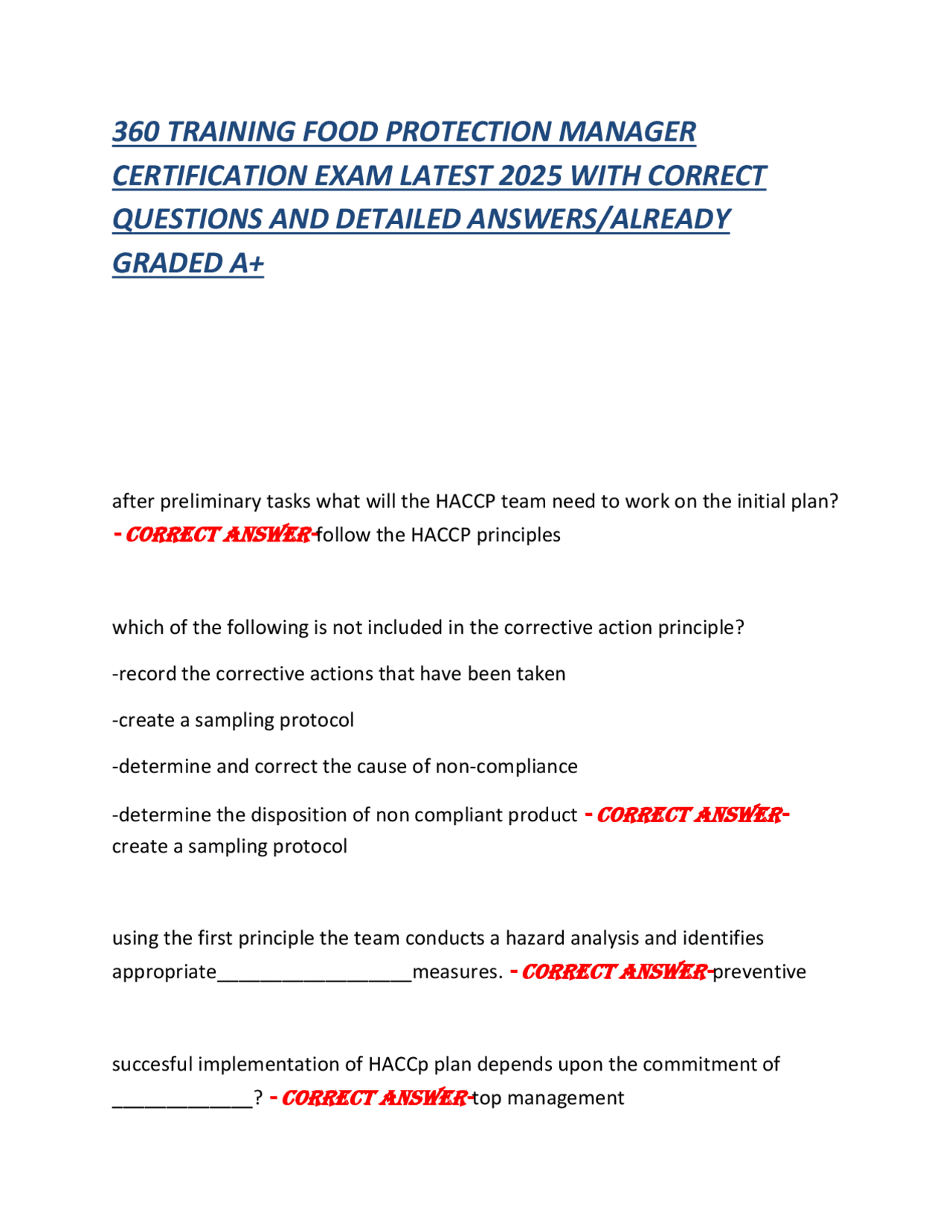 360 TRAINING FOOD PROTECTION MANAGER CERTIFICATION EXAM LATEST 2025 ...