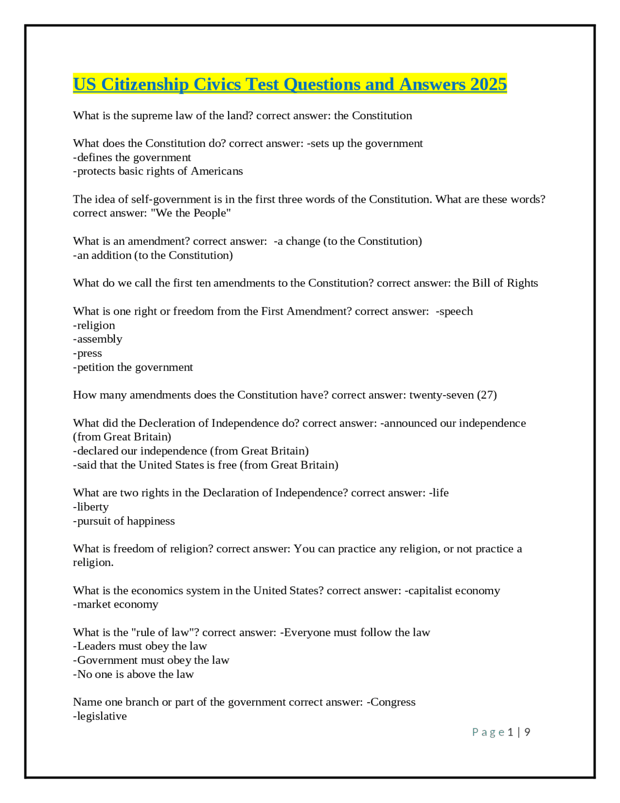 US Citizenship Civics Test Questions and Answers 2025 | Exams History ...