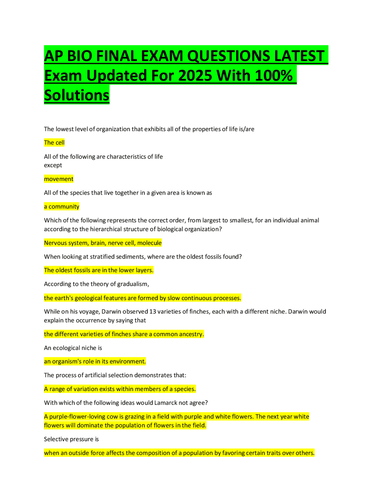 AP BIO FINAL EXAM QUESTIONS LATEST Exam Updated For 2025 With 100% ...