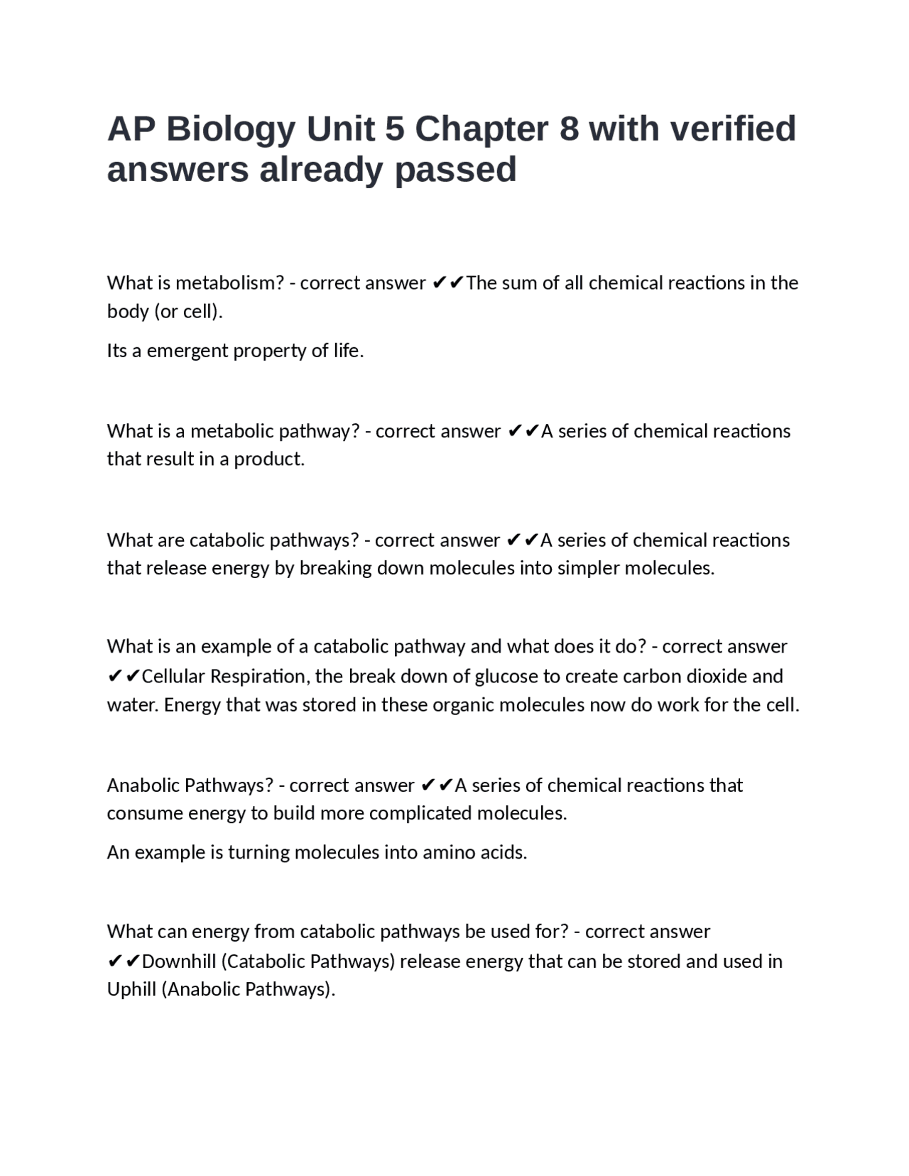 AP Biology Unit 5 Chapter 8: Metabolism and Energy Transformations ...
