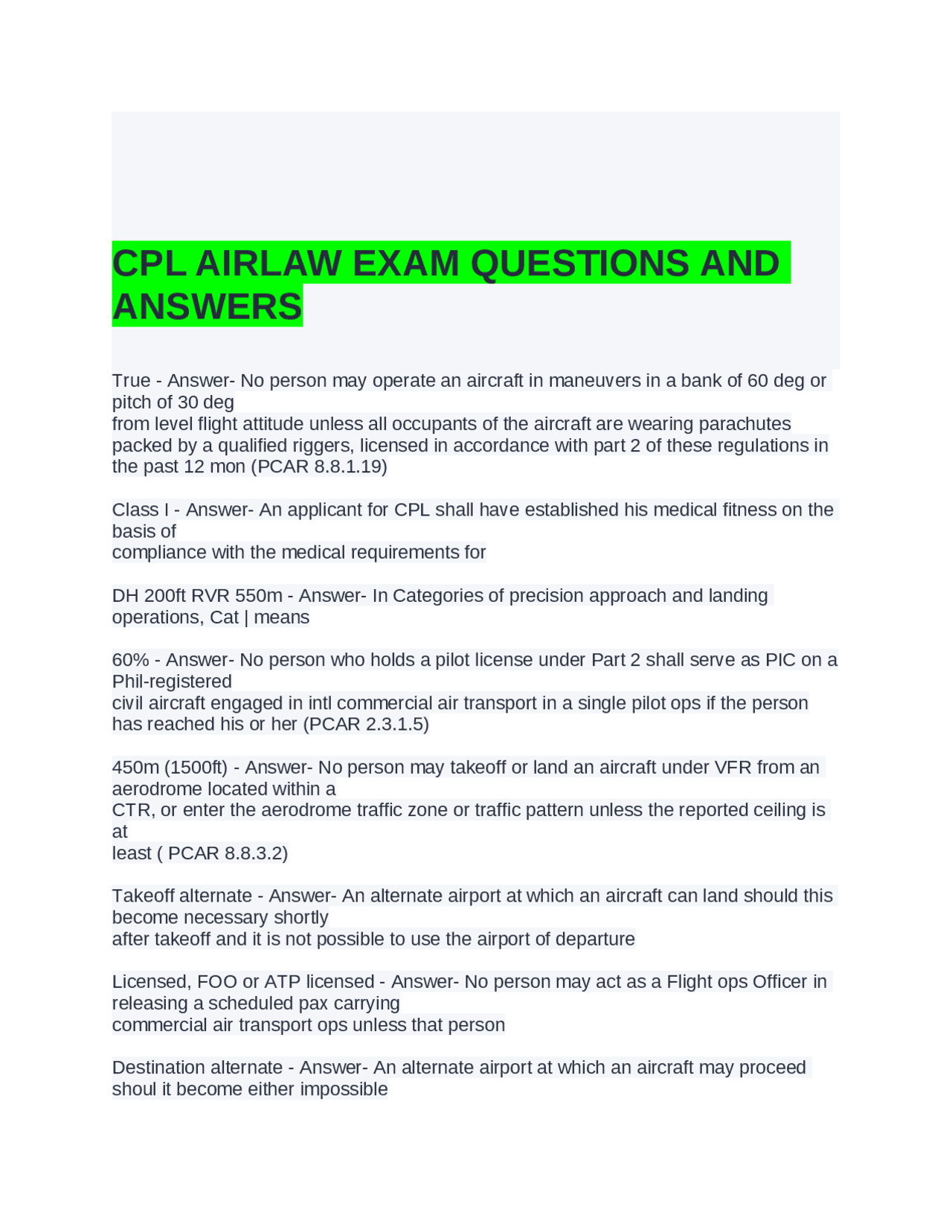 CPL Airlaw Exam Questions and Answers | Exams Advanced Education | Docsity