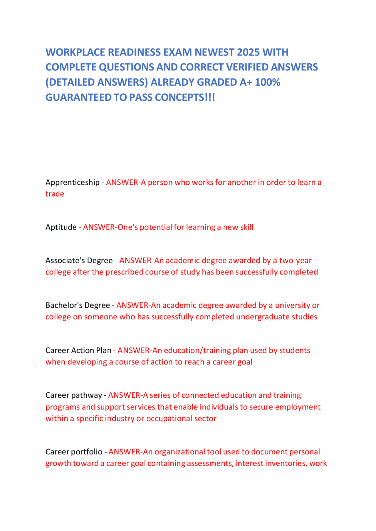 WORKPLACE READINESS EXAM NEWEST 2025 WITH COMPLETE QUESTIONS AND ...
