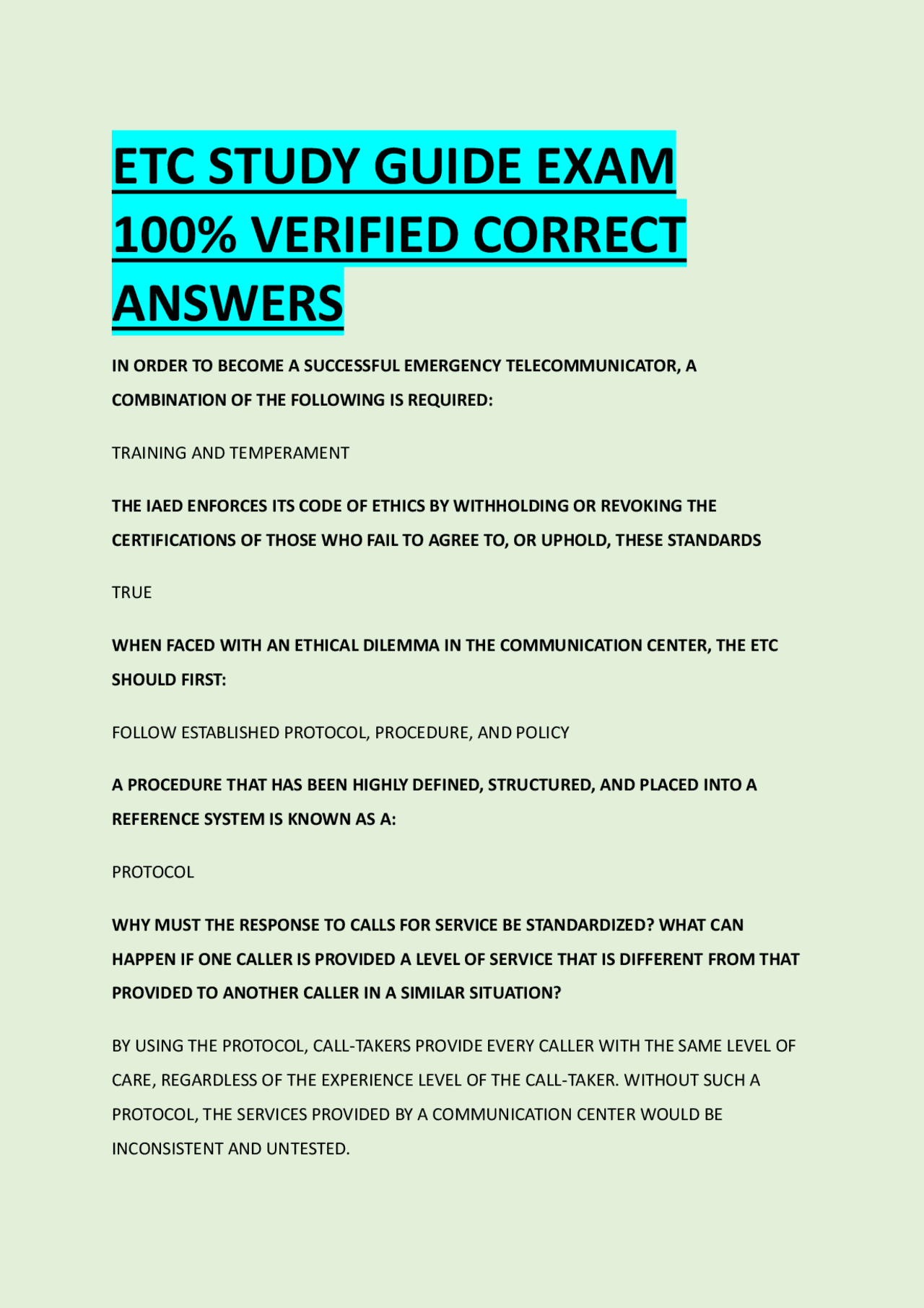 ETC STUDY GUIDE EXAM 100% VERIFIED CORRECT ANSWERS | Exams Organization ...