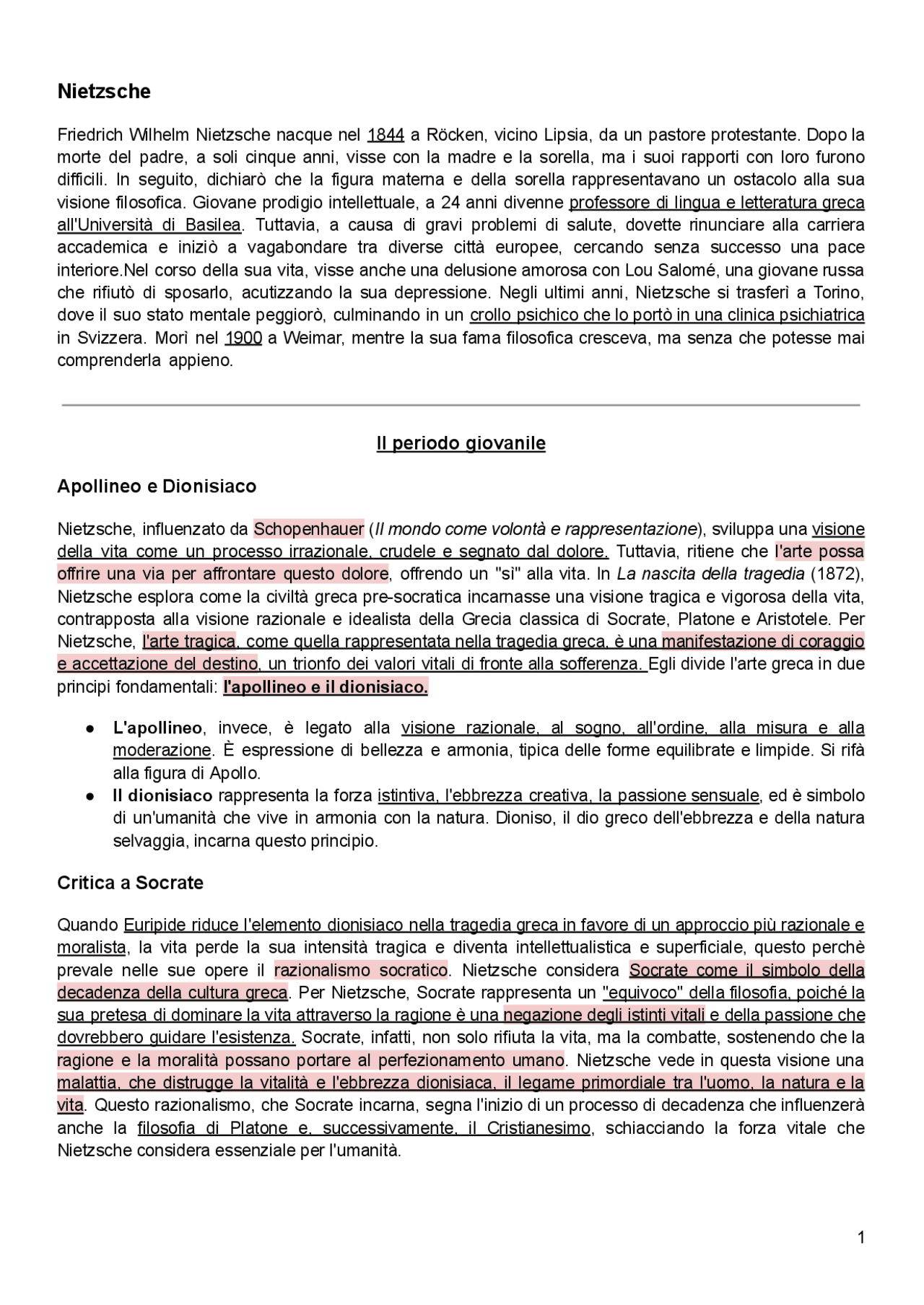 Nietzsche, riassunto | Study notes Philosophy | Docsity