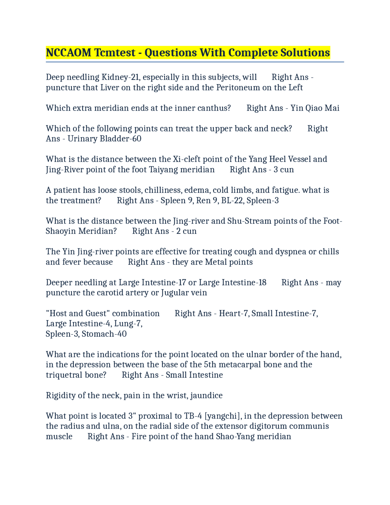 NCCAOM TCM Test - Questions and Answers with Complete Solutions | Exams ...