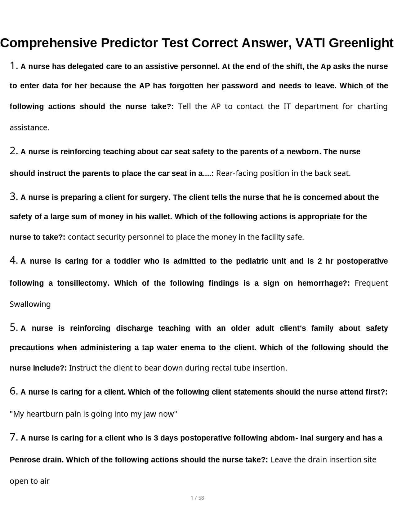 Comprehensive Predictor Test: Nursing Practice Questions | Exams ...