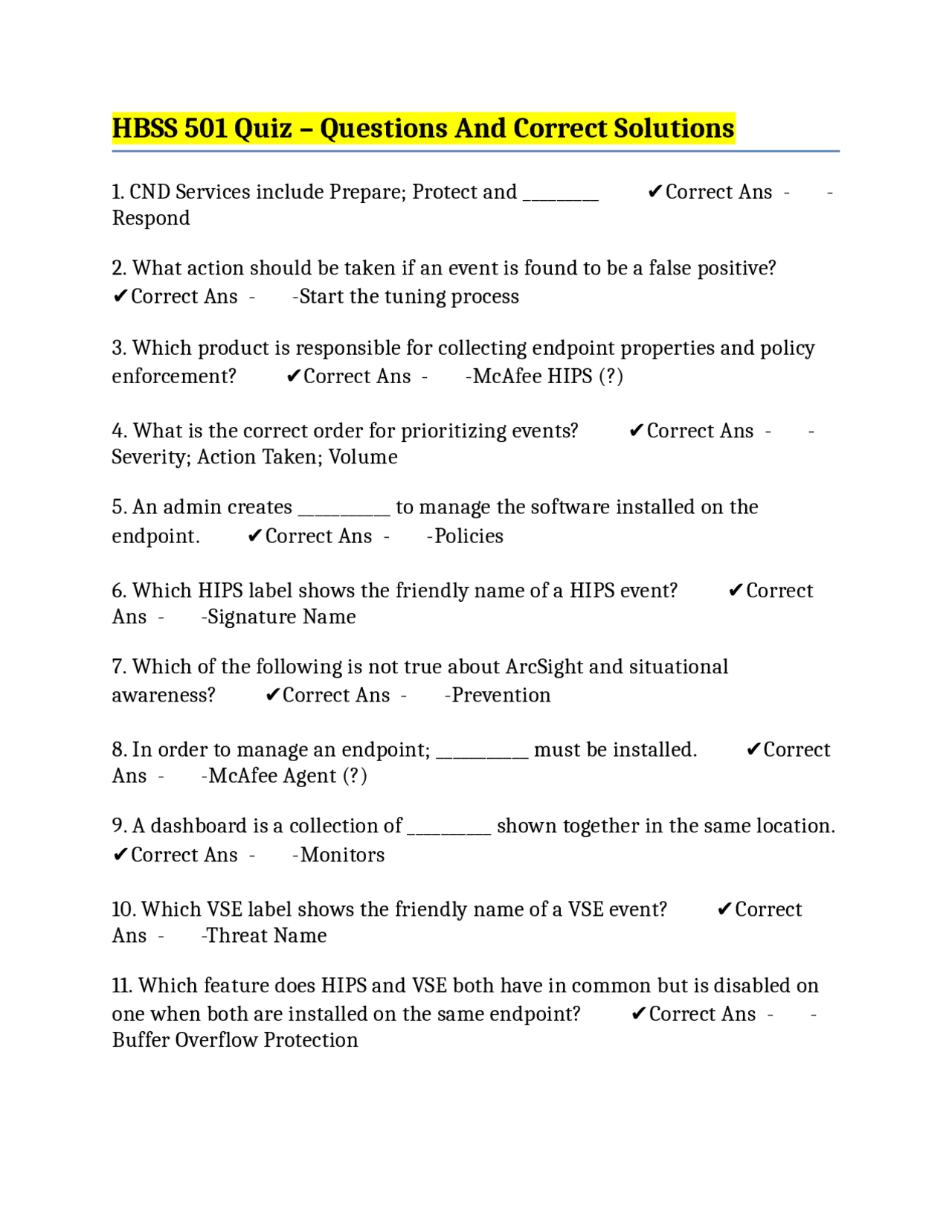 HBSS 501 Quiz – Questions And Correct Solutions | Exams Computer Science | Docsity