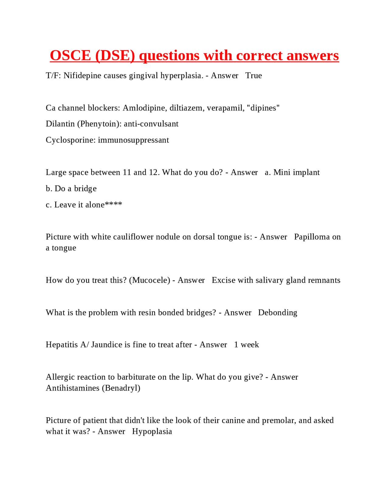 OSCE (DSE) Questions and Answers for Dentistry | Exams Nursing | Docsity