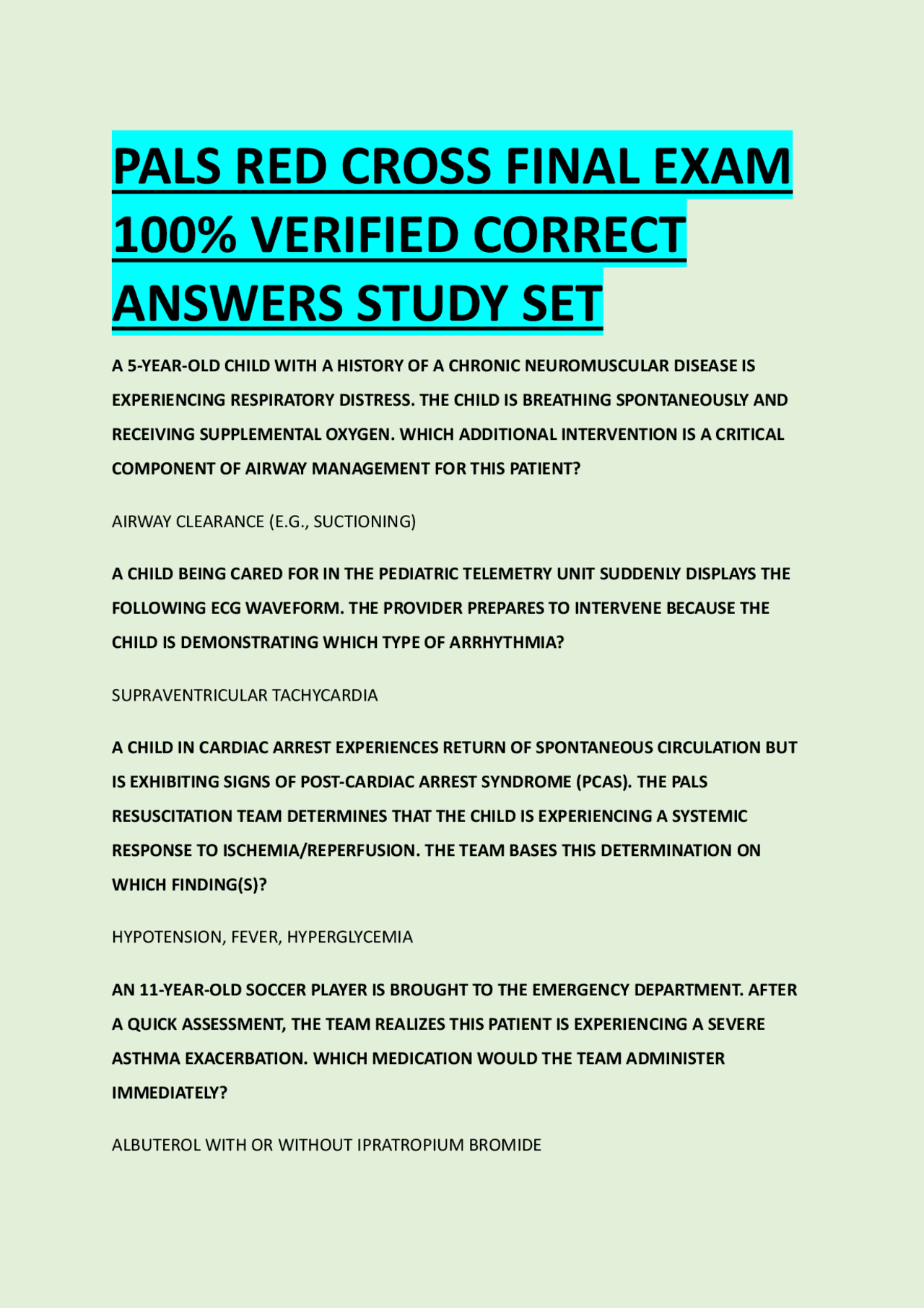 PALS RED CROSS FINAL EXAM 100% VERIFIED CORRECT ANSWERS STUDY SET ...
