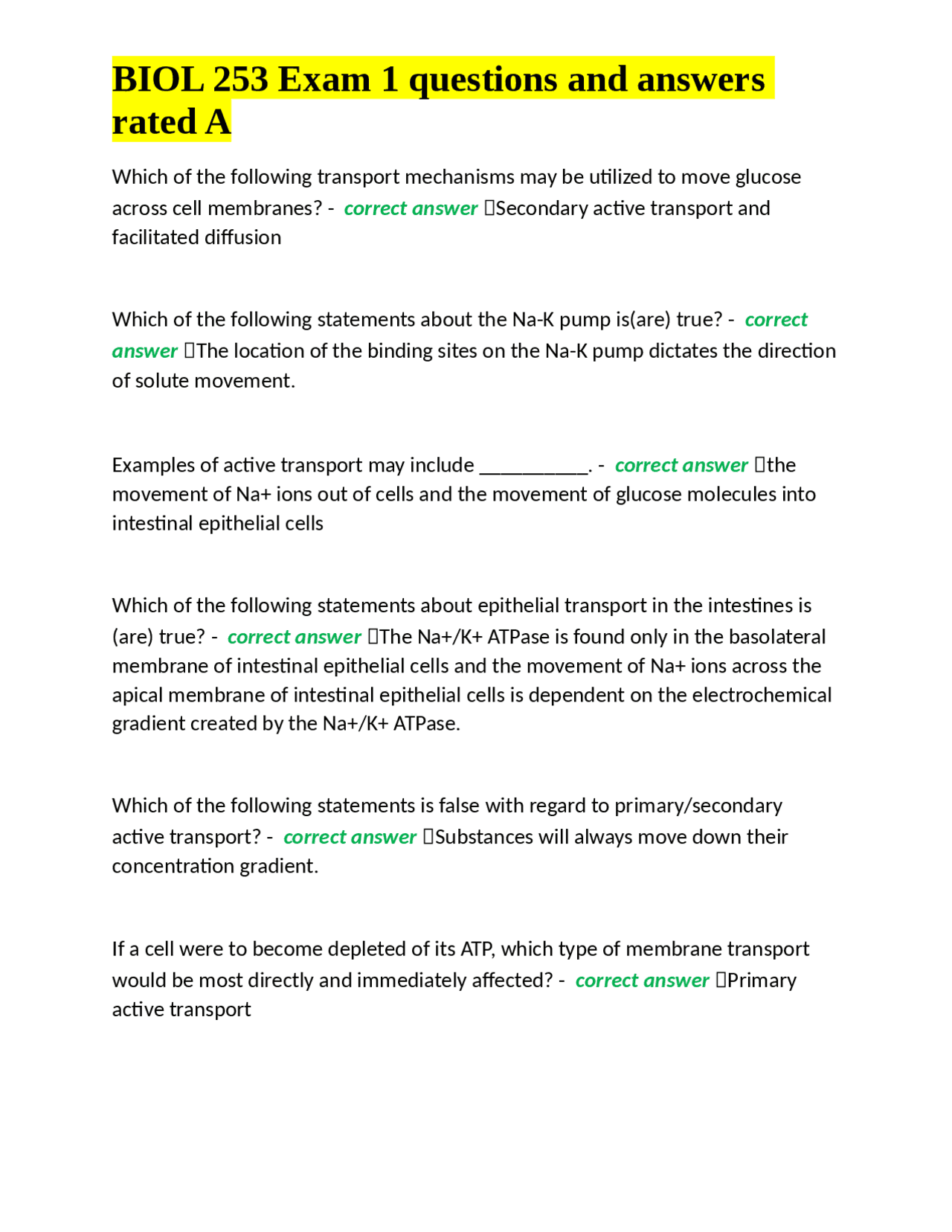 BIOL 253 Exam 1 Questions and Answers: Membrane Transport and Cell ...