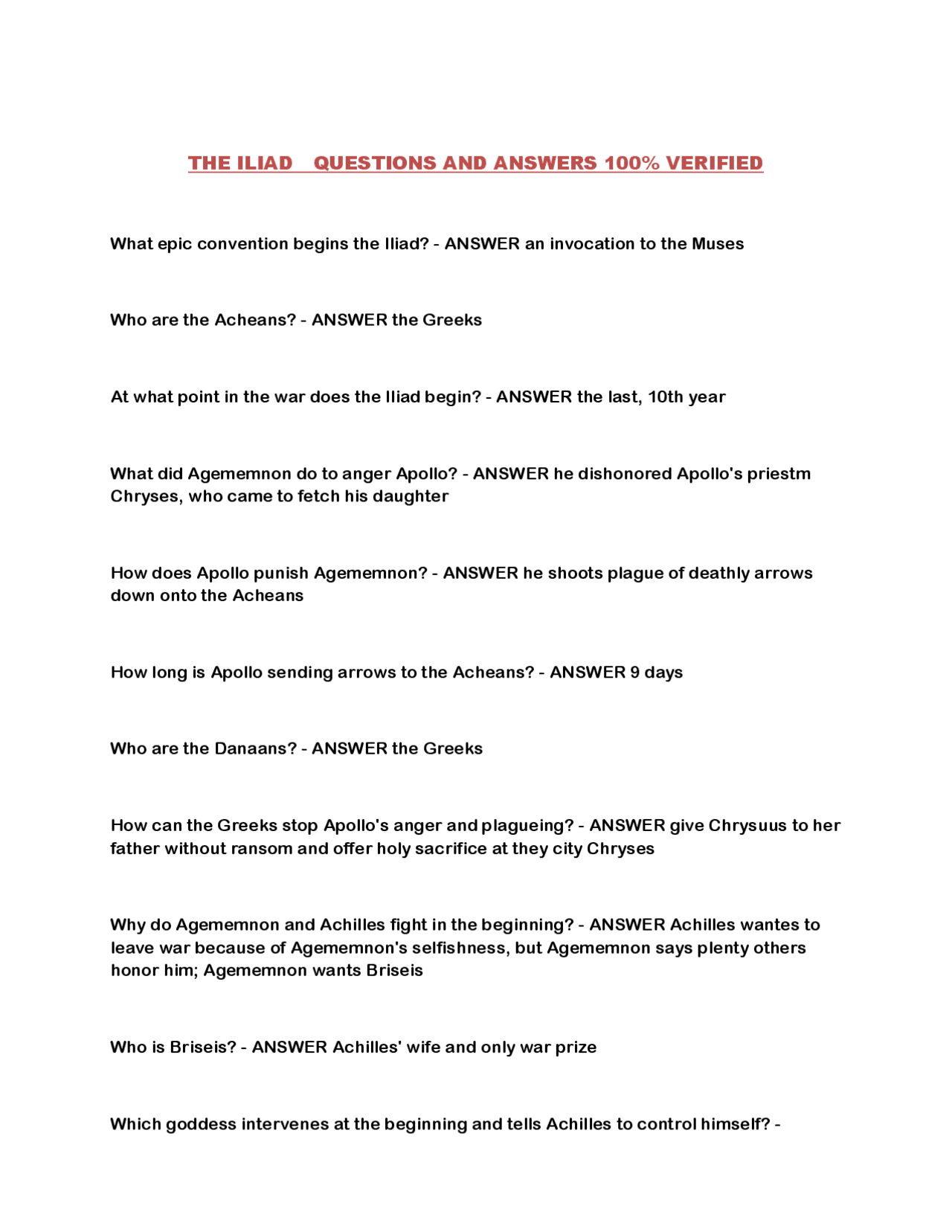 THE ILIAD QUESTIONS AND ANSWERS 100% VERIFIED | Exams Advanced ...