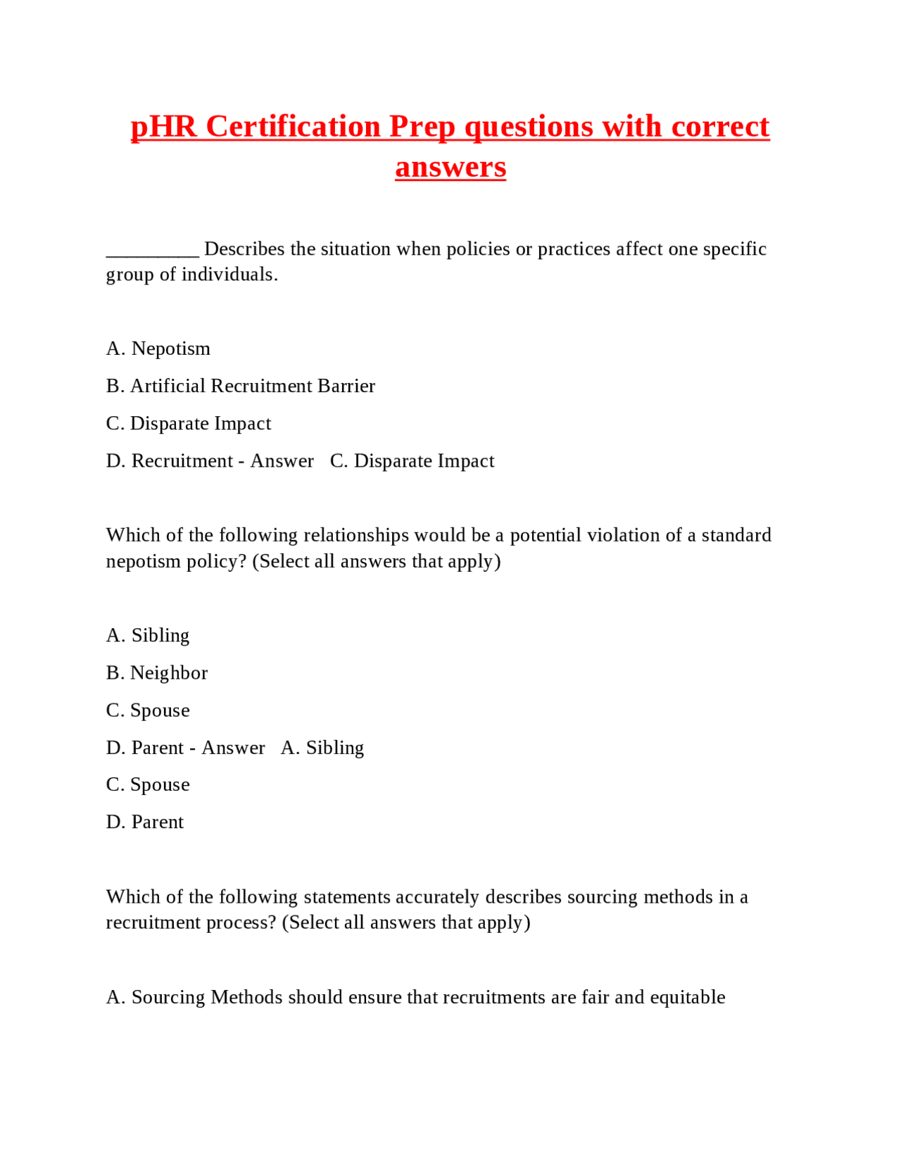 pHR Certification Prep Questions and Answers | Exams Human Resource ...