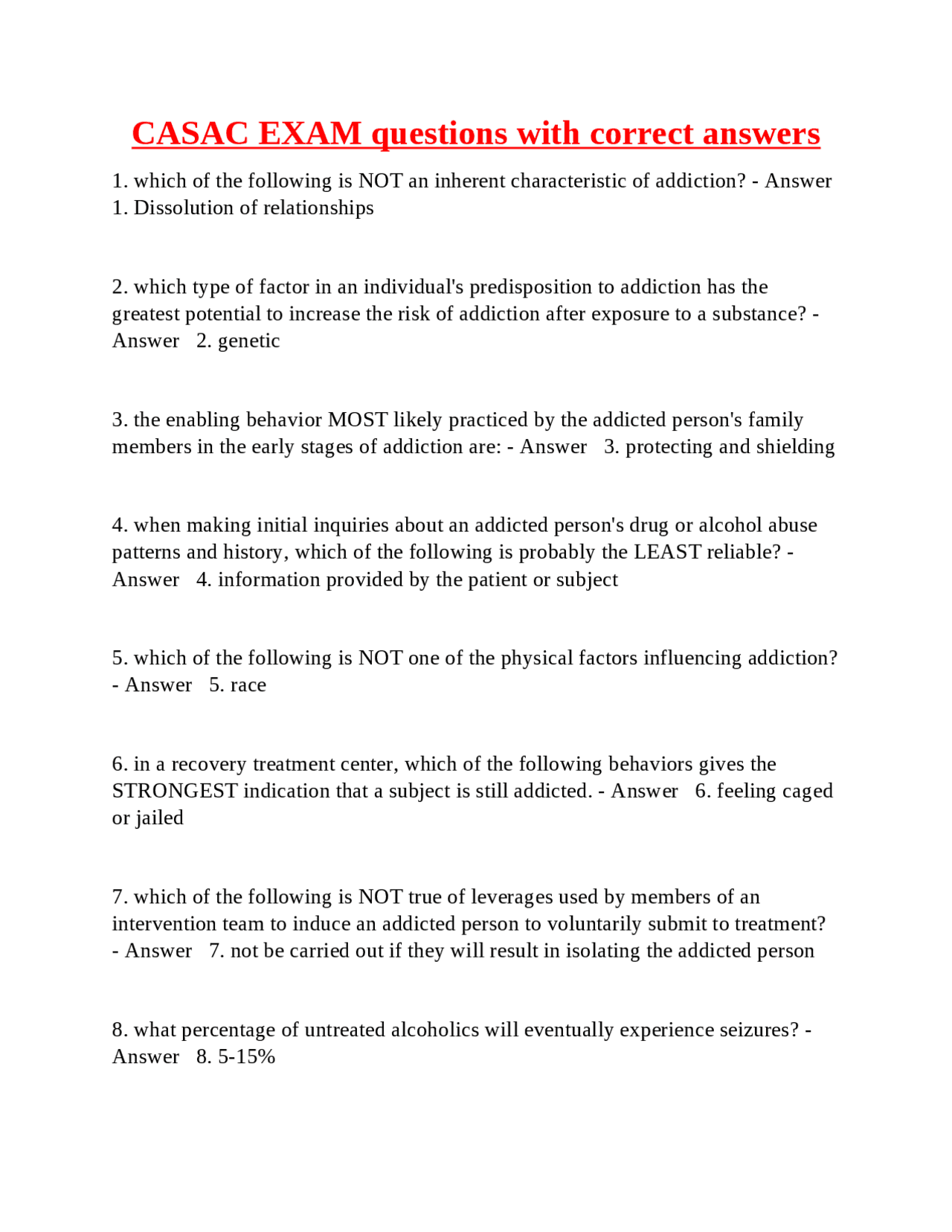 CASAC Exam Questions and Answers: Addiction and Recovery | Exams ...