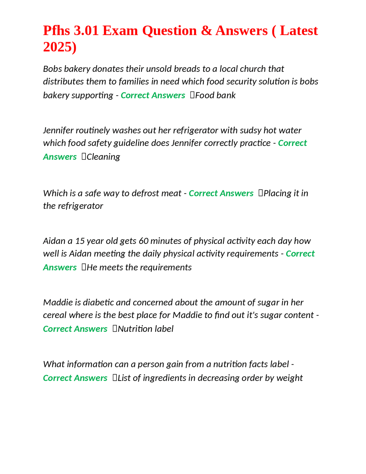 Pfhs 3.01 Exam Questions and Answers: Food Safety, Nutrition, and ...