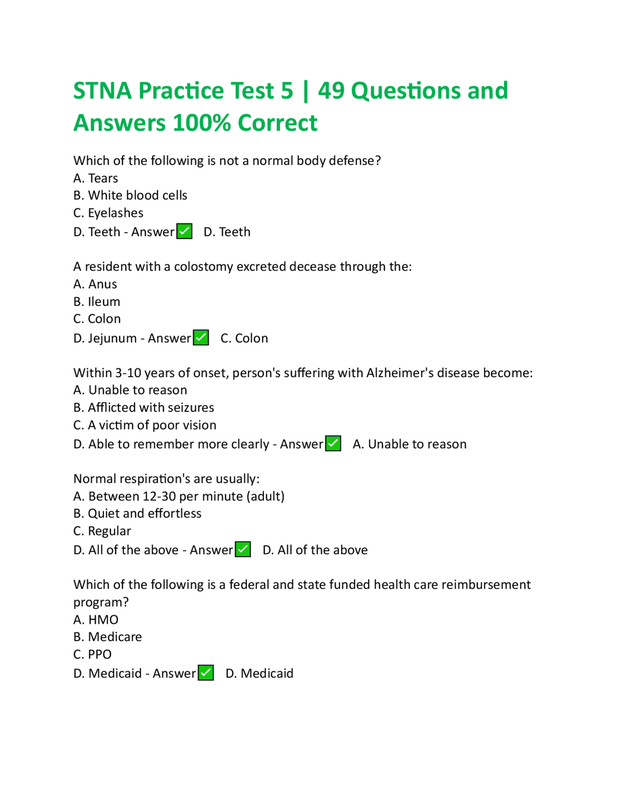 STNA Practice Test 5: 49 Questions and Answers | Exams Nursing | Docsity
