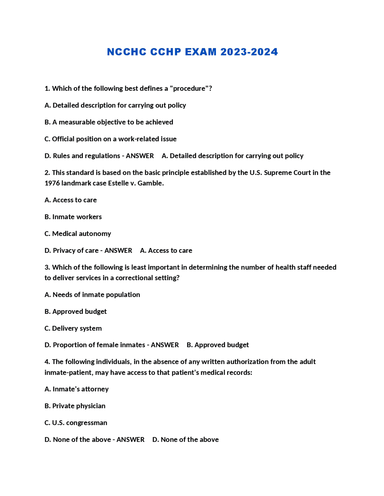 NCCHC CCHP EXAM 2023-2024 | Exams Community Health | Docsity