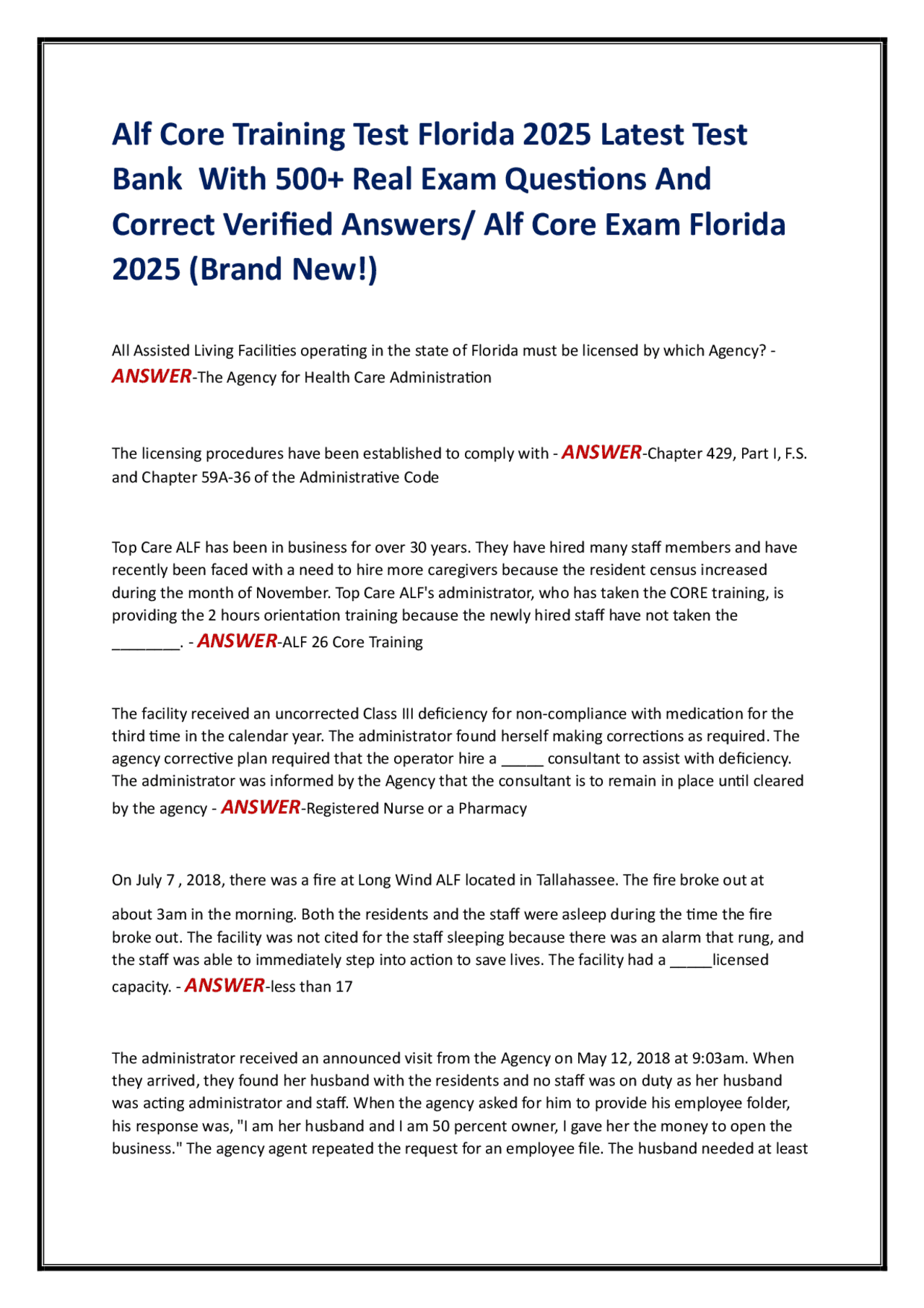 Alf Core Training Test Florida 2025 Latest Test Bank With 500+ Real ...