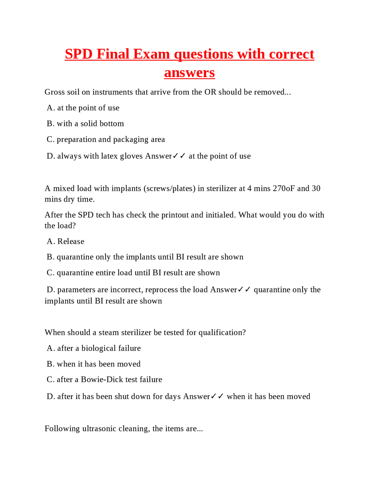 SPD Final Exam Questions and Answers: Sterile Processing Department ...