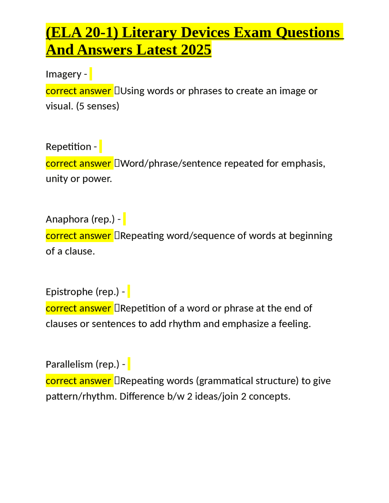 (ELA 20-1) Literary Devices Exam Questions And Answers Latest 2025 ...