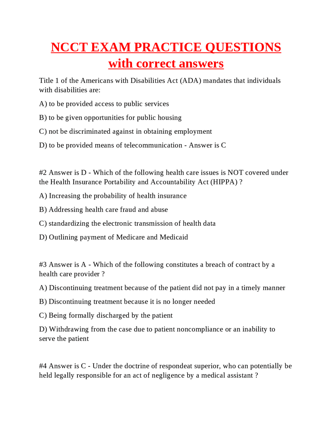 NCCT EXAM PRACTICE QUESTIONS with correct answer | Exams Nursing | Docsity