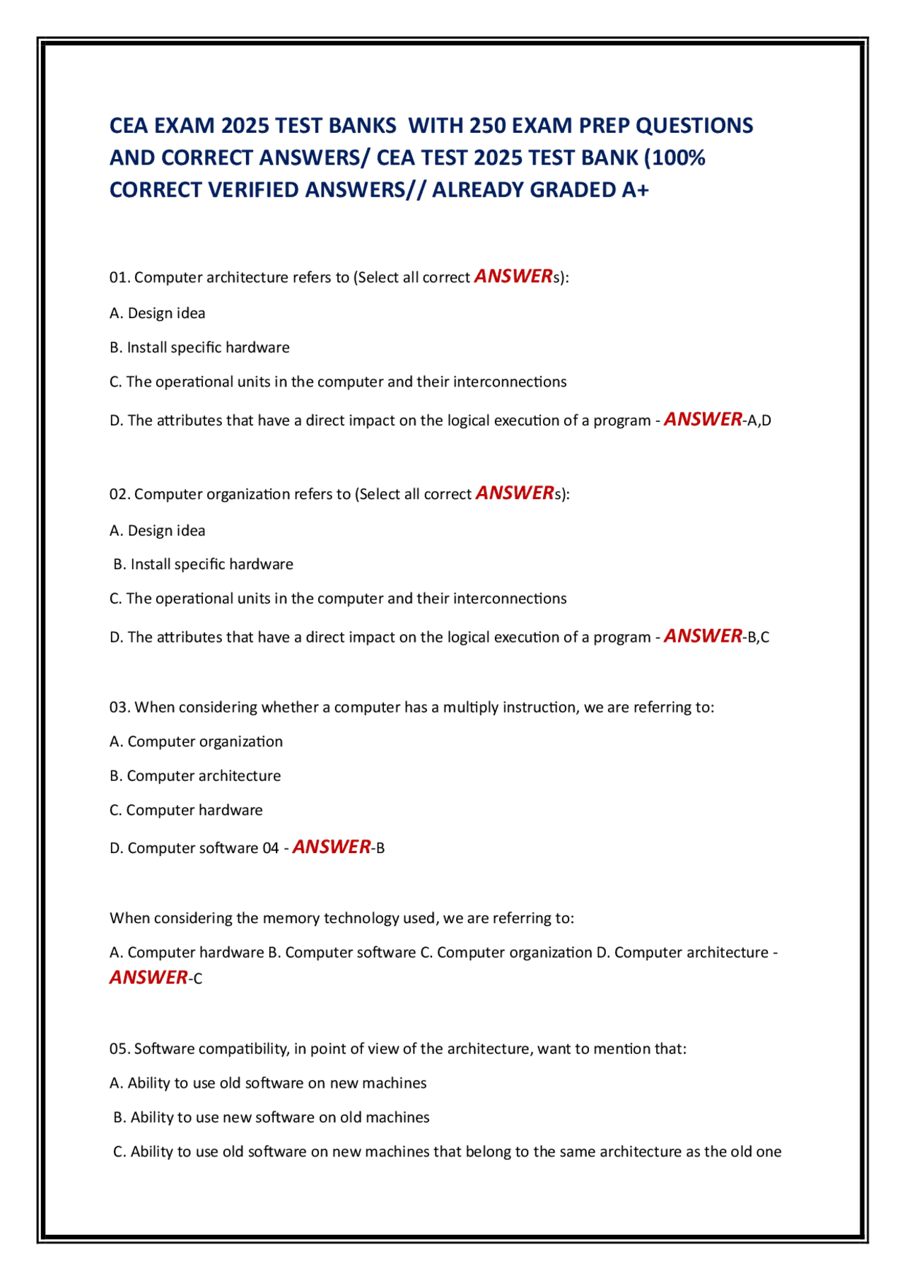 CEA EXAM 2025 TEST BANKS WITH 250 EXAM PREP QUESTIONS AND CORRECT ...
