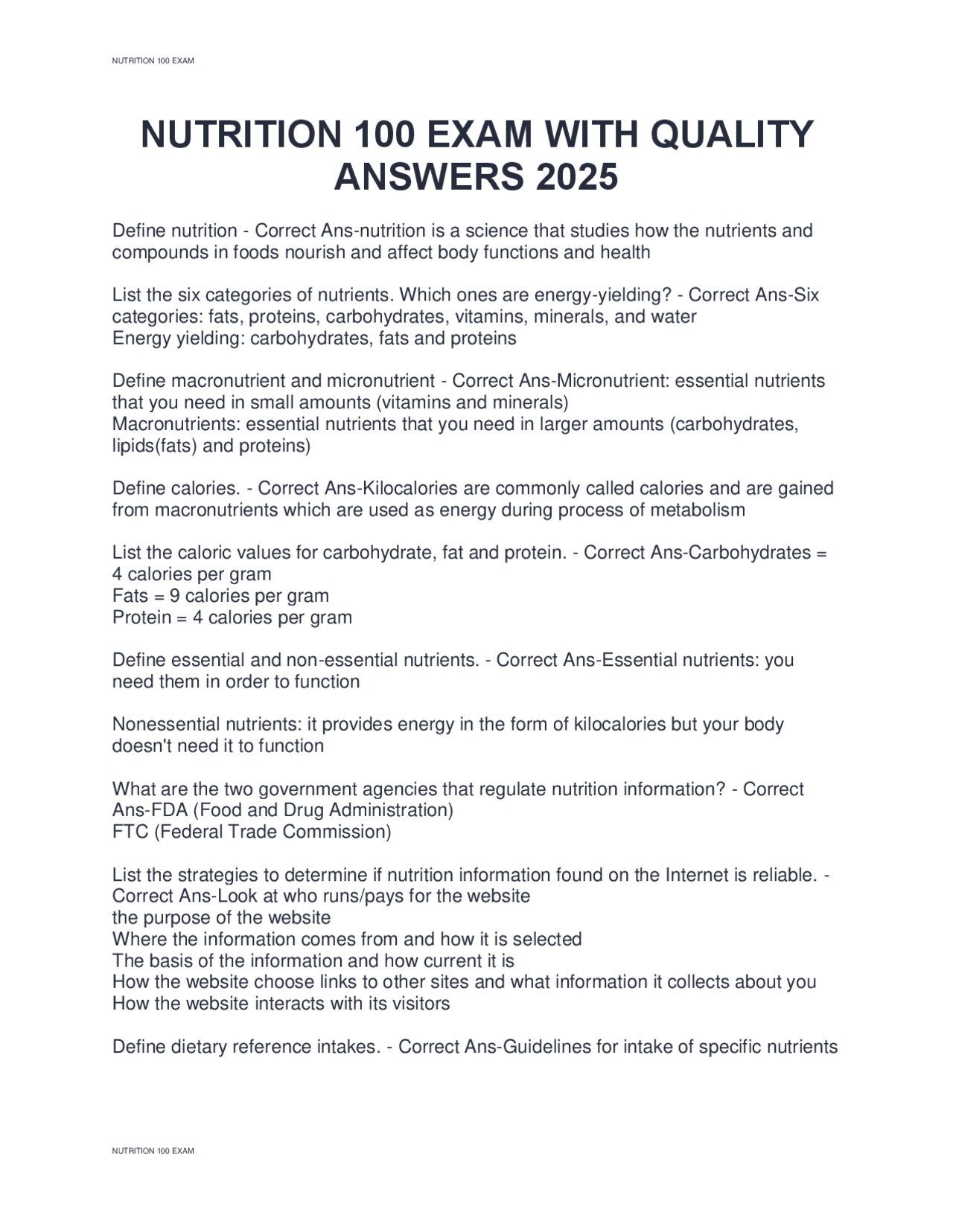 Nutrition 100 Exam: Comprehensive Study Guide with Answers | Exams ...