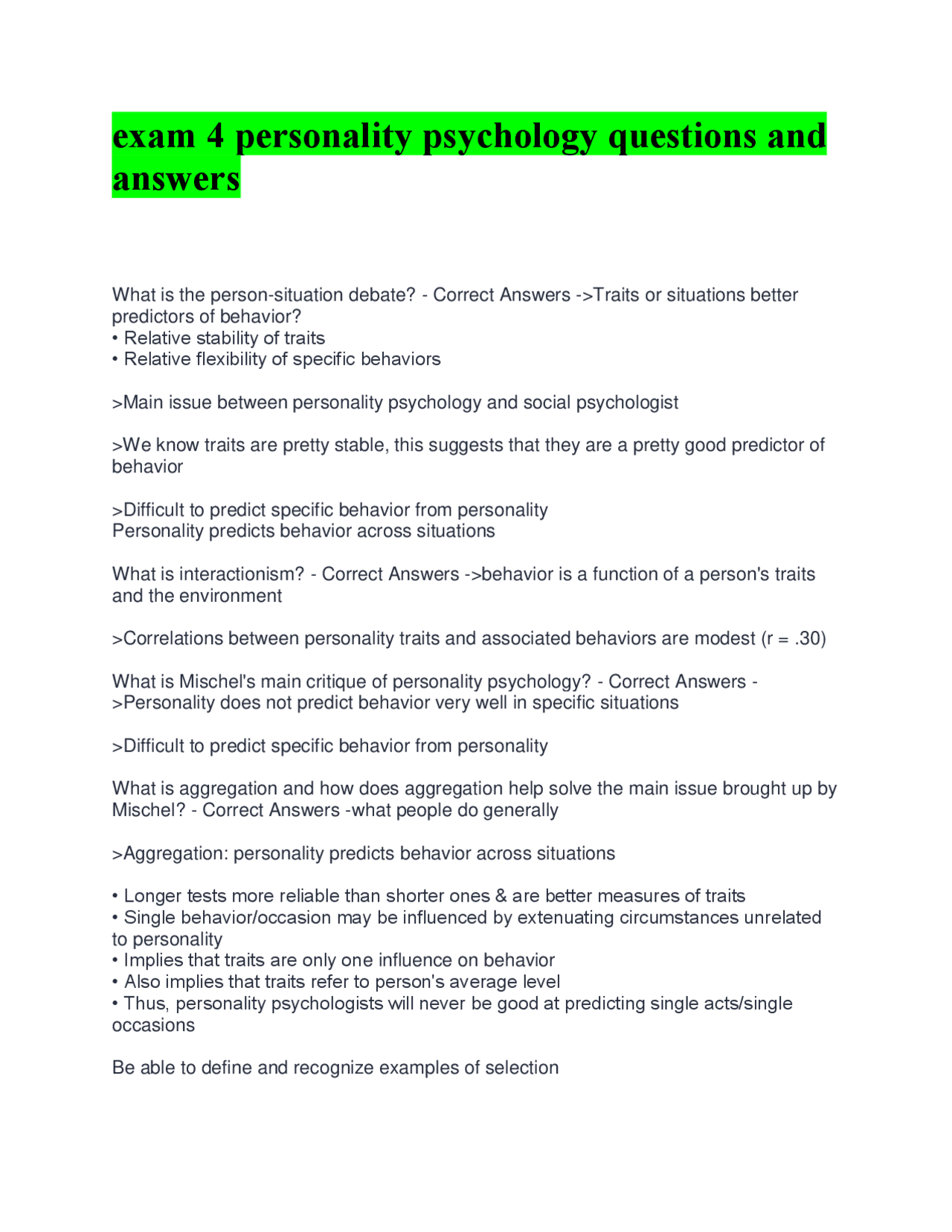 Personality Psychology Exam Questions and Answers | Exams Nursing | Docsity