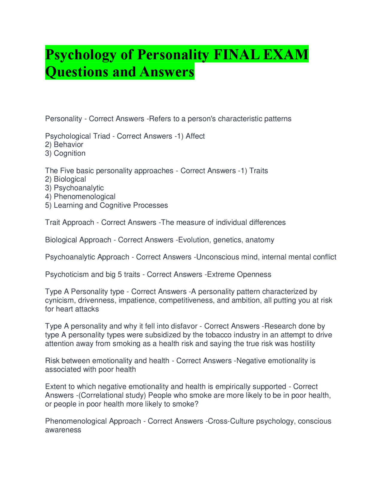 Psychology of Personality: Final Exam Questions and Answers | Exams ...