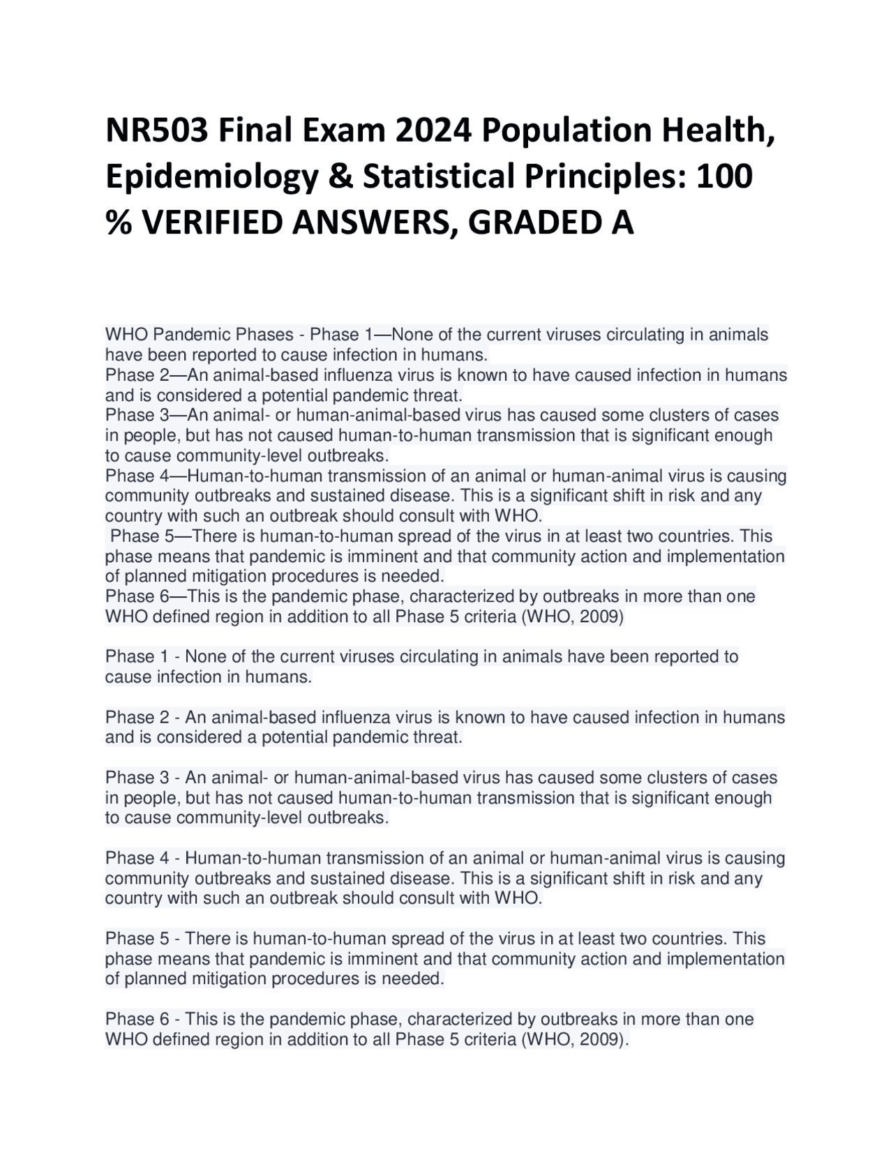NR503 Final Exam 2024: Population Health, Epidemiology & Statistical Principles | Exams Nursing ...