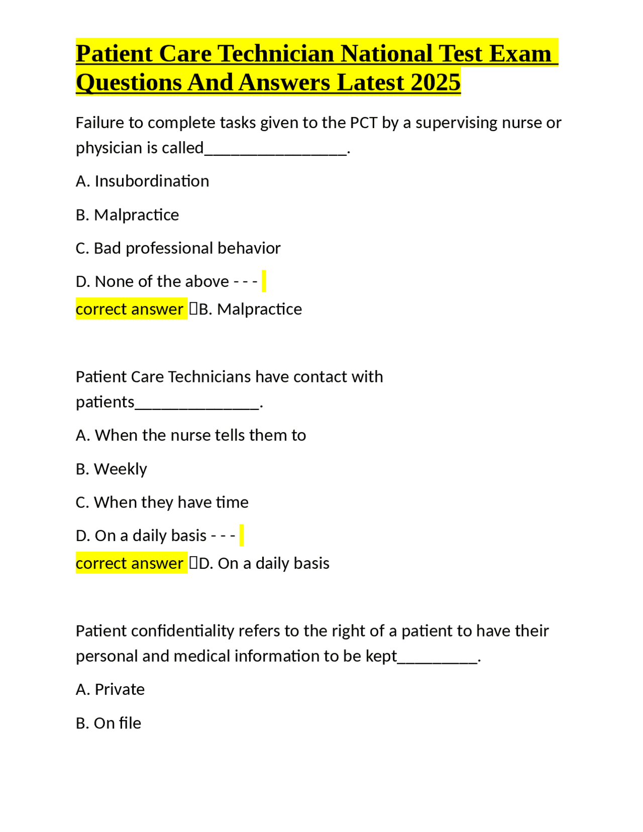 Patient Care Technician National Test Exam Questions and Answers ...