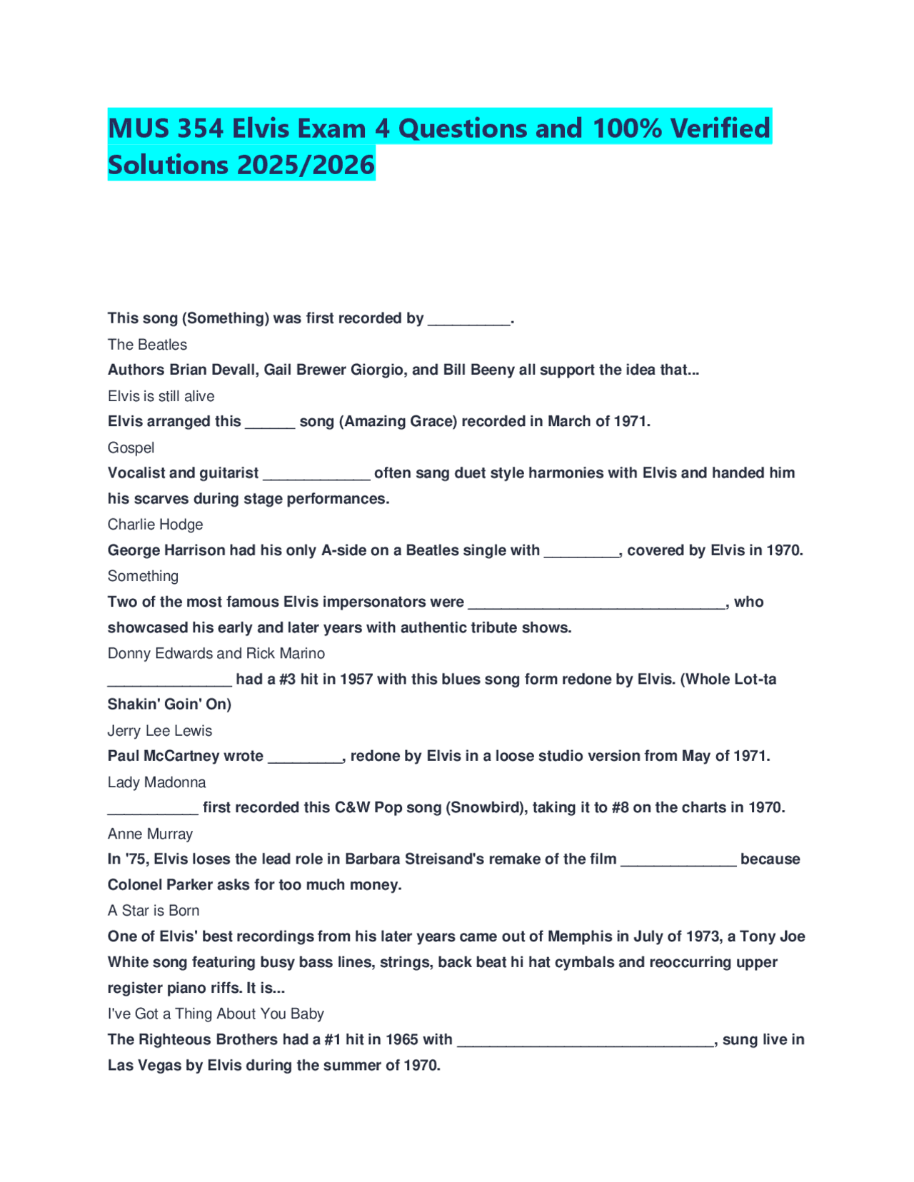 Elvis Presley Exam Questions and Answers: MUS 354 | Exams Music | Docsity