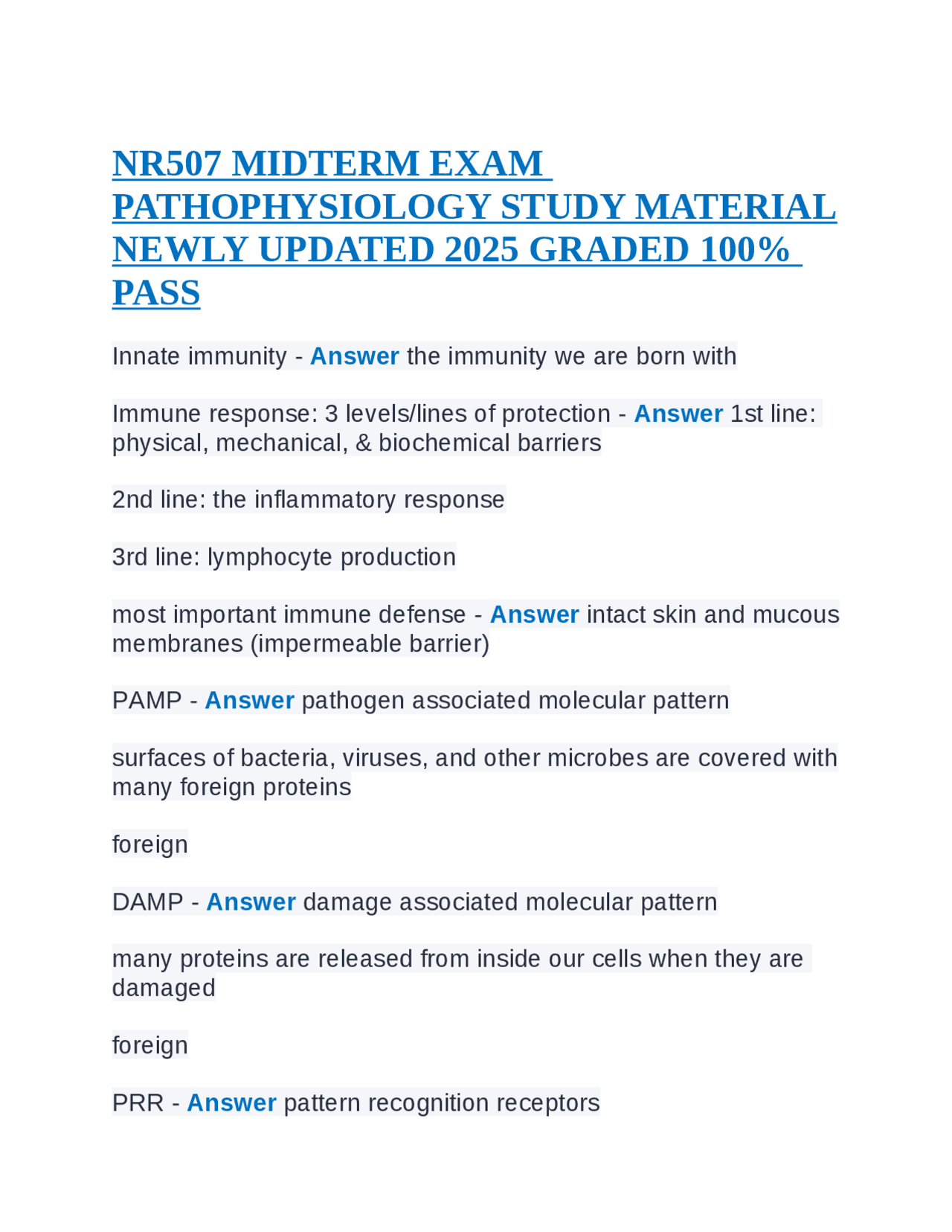 NR507 MIDTERM EXAM PATHOPHYSIOLOGY STUDY MATERIAL NEWLY UPDATED 2025 GRADED 100% PASS | Exams ...