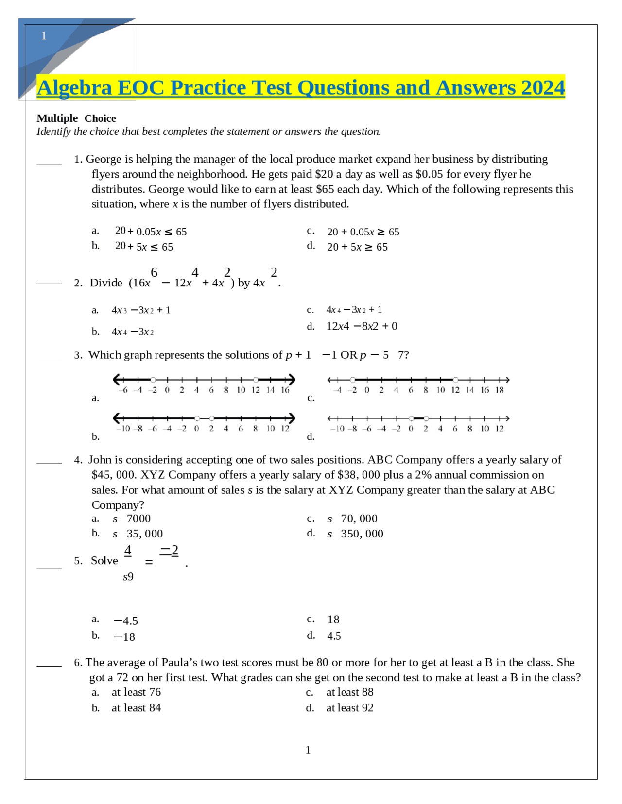 Algebra EOC Practice Test Questions and Answers 2024 | Exams Nursing ...
