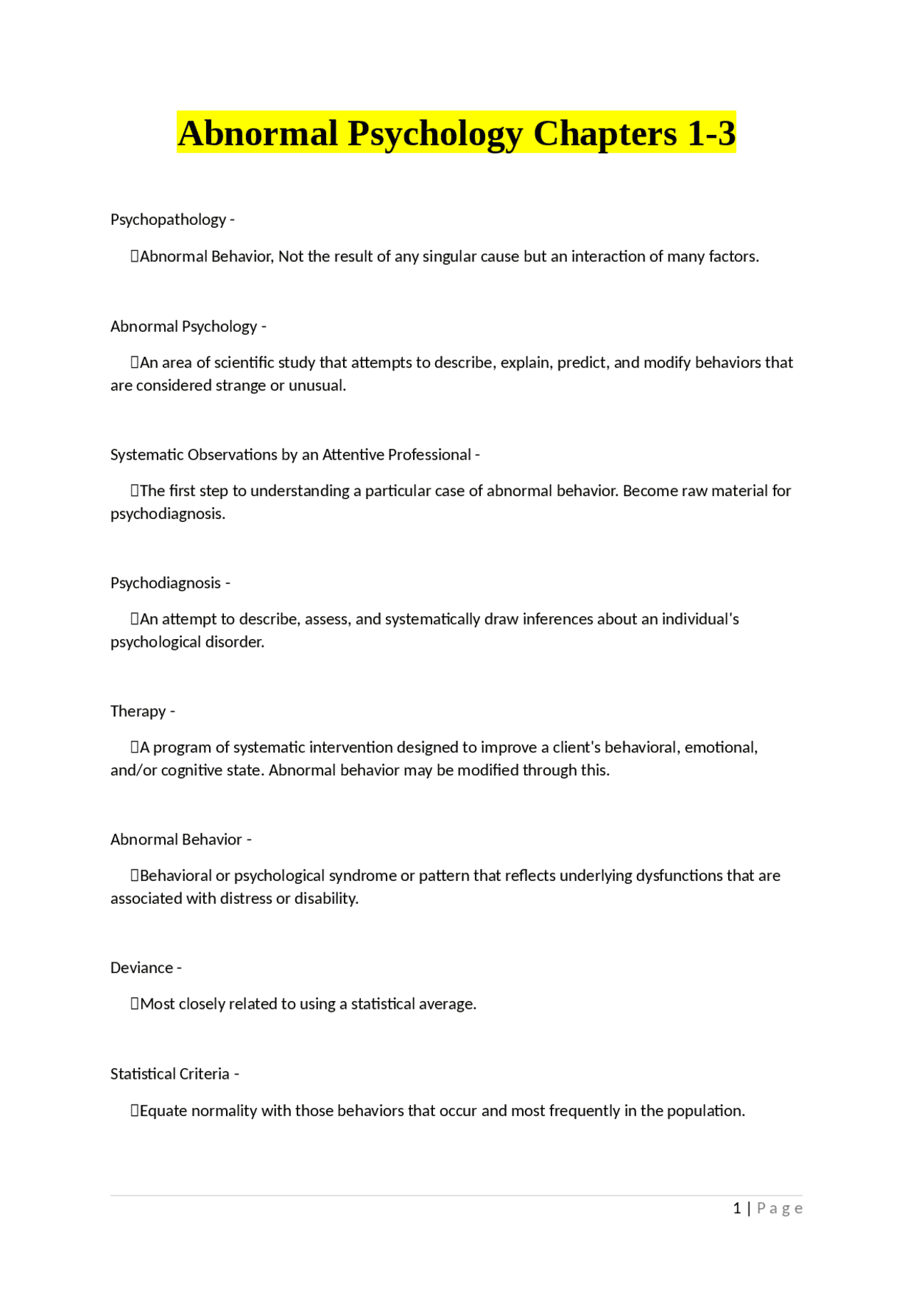 Abnormal Psychology Chapters 1-3 | Exams Psychology | Docsity