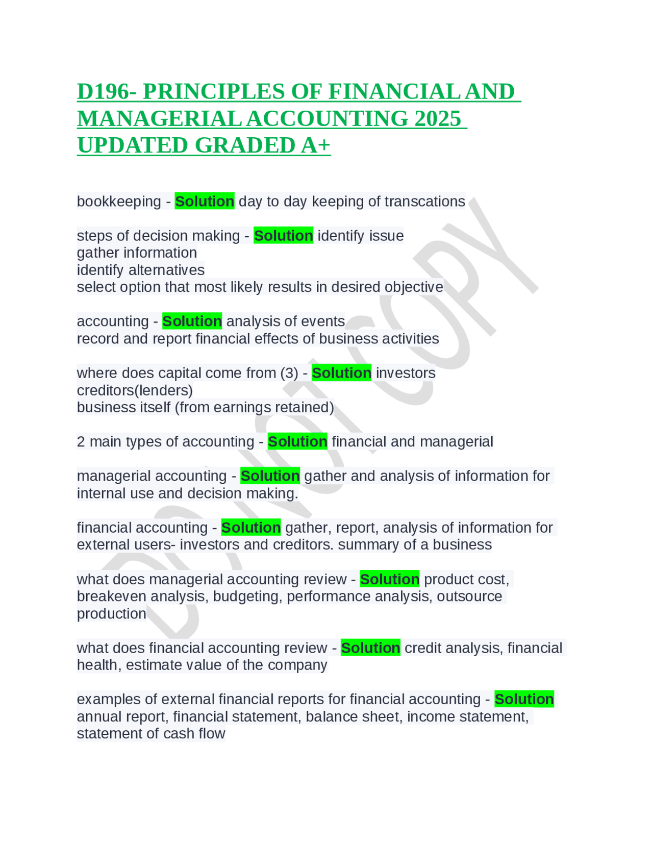 D196- PRINCIPLES OF FINANCIAL AND MANAGERIAL ACCOUNTING 2025 UPDATED ...