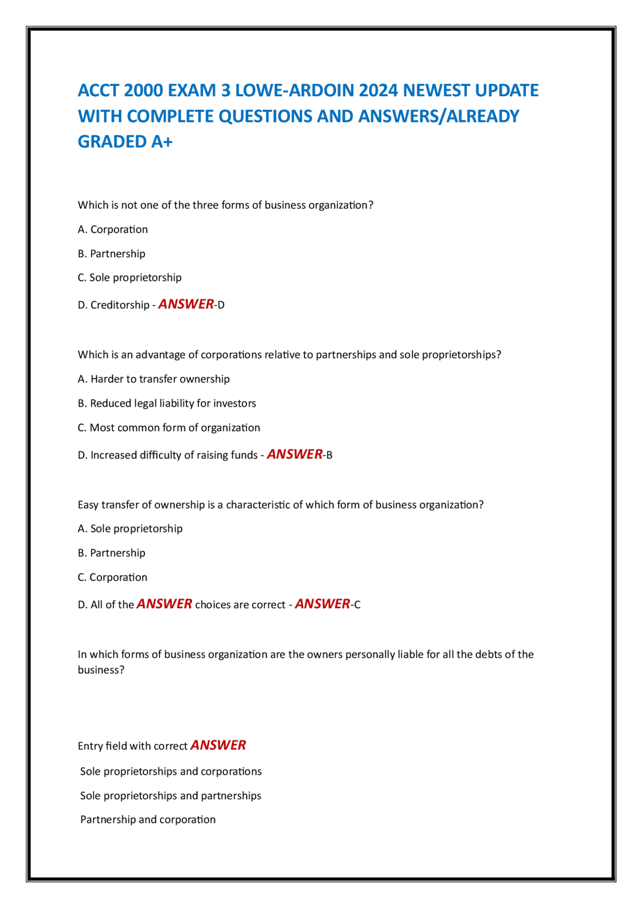 ACCT 2000 Exam 3: Business Organizations, Accounting Information, and Financial Statements ...