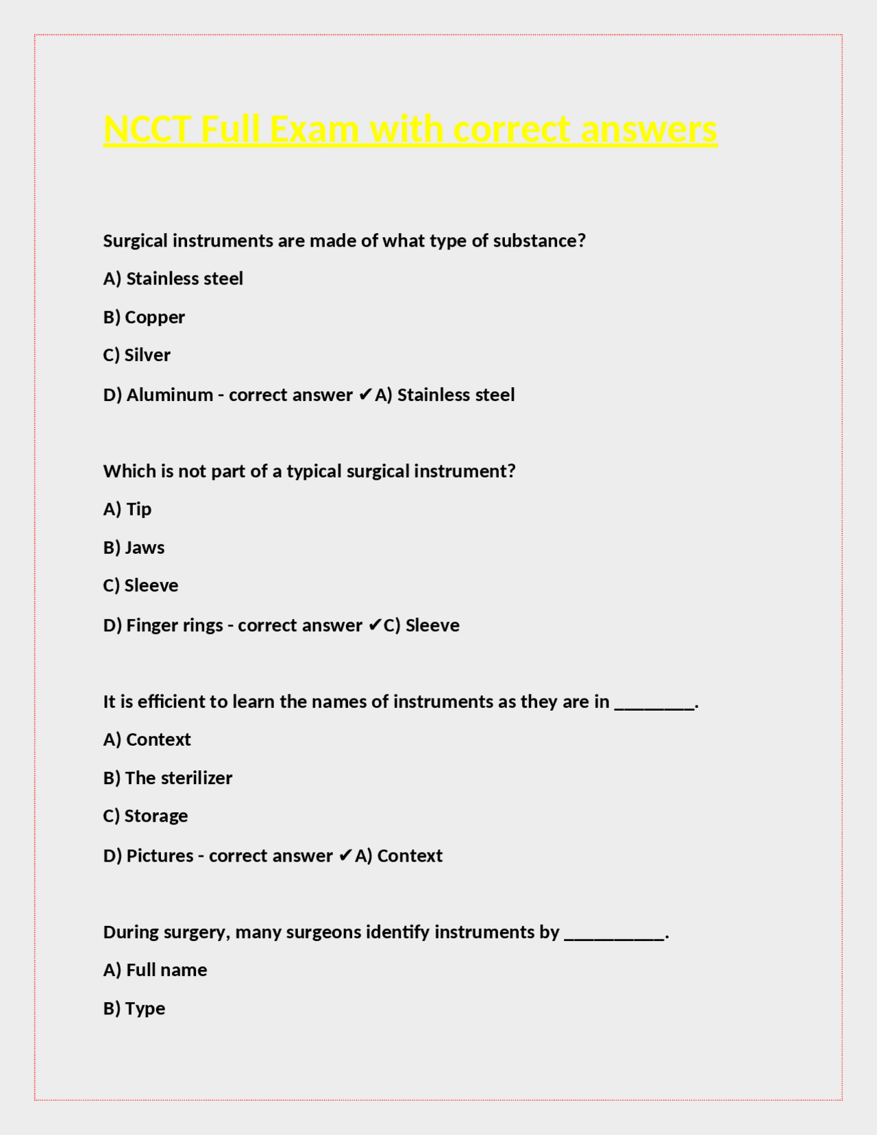 Surgical Instruments and Sterilization: Multiple Choice Questions and ...